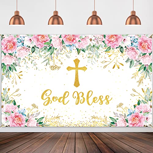 God Bless Backdrop Baptism First Holy Communion Banner Mi Bautizo Baby Shower Party Decorations Christening Ceremony Newborn Banner Flowers Leaves Floral Photography Background Decor Supplies