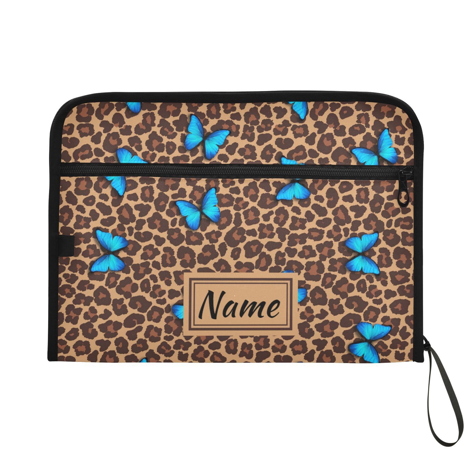 Blue Butterfly Leopard Cheetah Print Expanding File Folder, 13 Pockets Accordion File Organizer with Sticky Labels Zipper Portable A4 Document Organizer for Home Office School Supplies