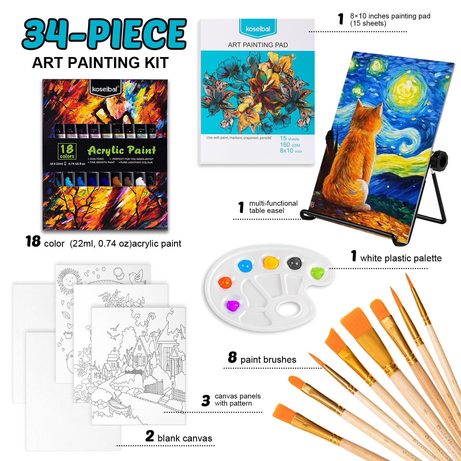 Acrylic Paint Set for Kids, Art Painting Supplies Kit with 12 Paints, 5 Canvas Panels, 8 Brushes, Table Easel, Etc, Premium Paint Set for Students, Artists and Beginner.
