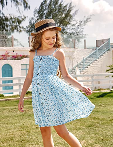 Arshiner Girls Summer Dresses Casual Floral Button Swing Midi Dress Light Blue Floral Litter Girls