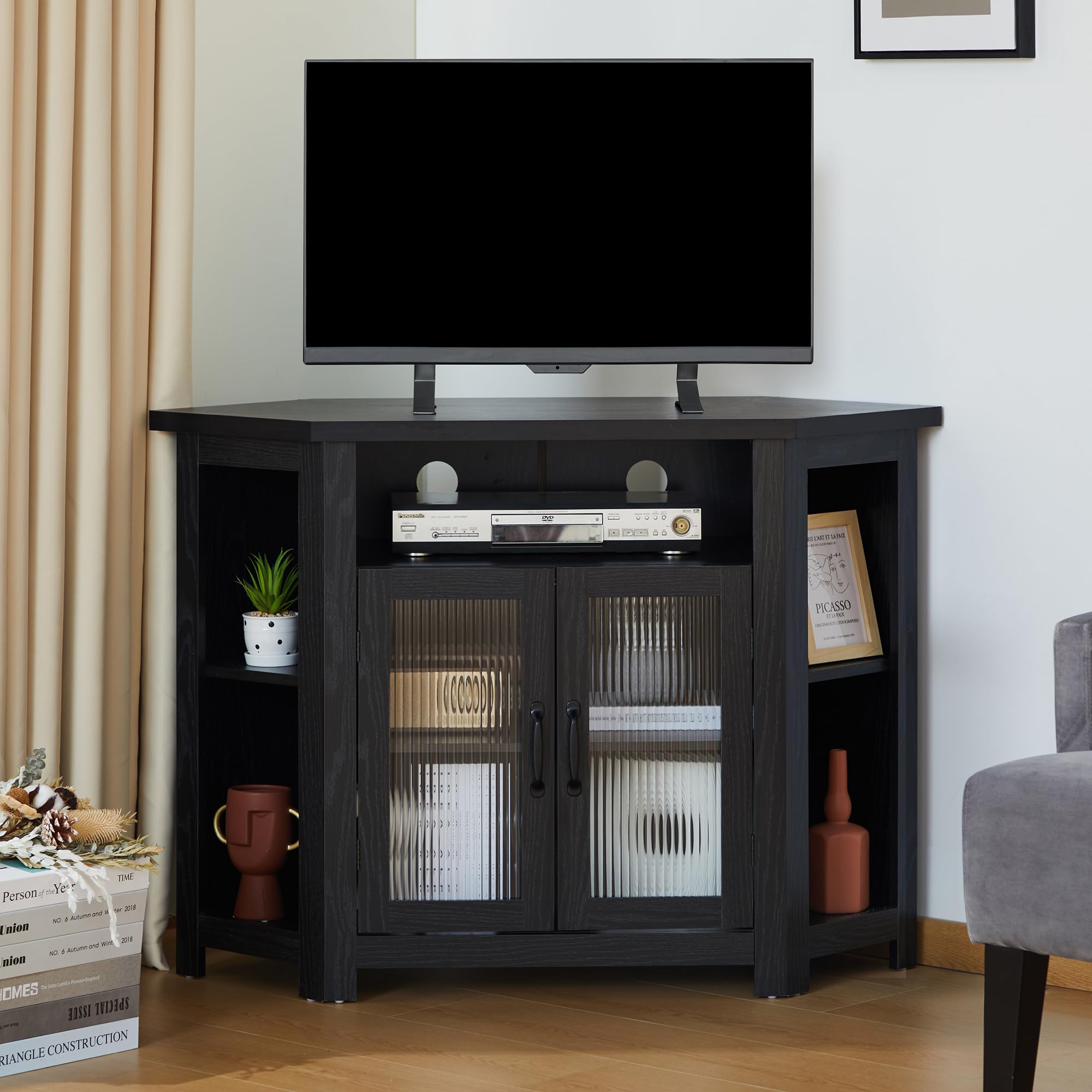 weselon Corner TV Stand for TVs up to 48 Inch, Media Entertainment Center with Storage Shelves and 2 Doors, Console Table Buffet Cabinet for Living Room Bedroom