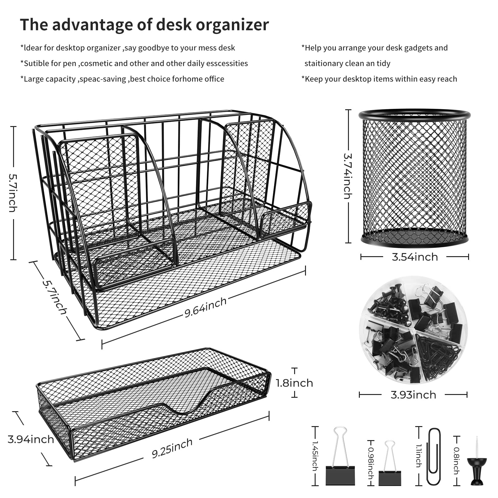 Desk Organizers and Accessories, Office Desk Organizer with 6 Compartments + 1 Large Sliding Drawer + Pen Holder + 72 Accessories, Desk Accessories Organizers for Office, Home, School (Black)