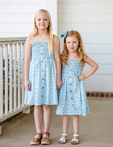 Arshiner Girls Summer Dresses Casual Floral Button Swing Midi Dress Light Blue Floral Litter Girls