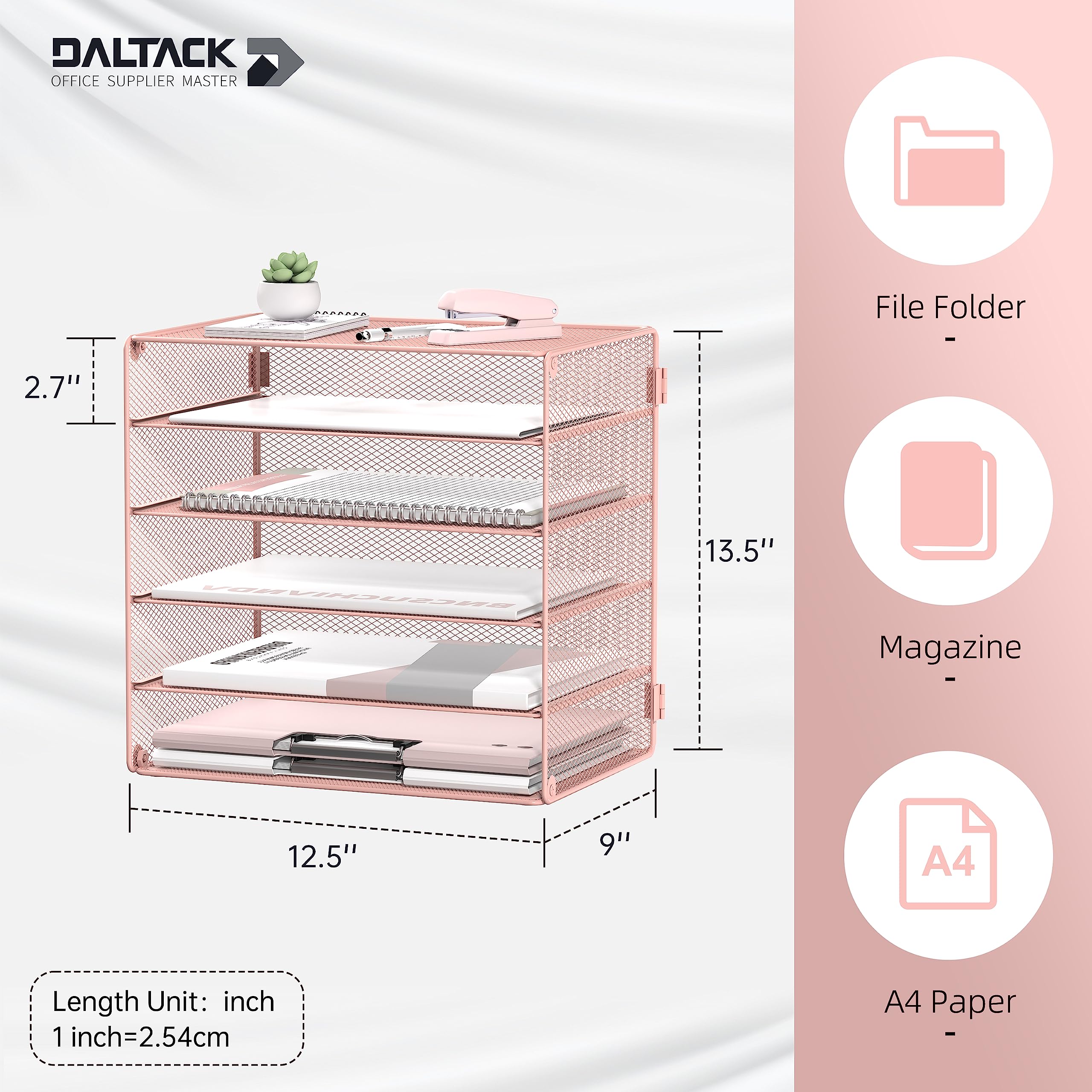 DALTACK Paper Organizer for Desk, 5-Tier Desk Organizer Tray, Paper Organizer Storage, Paper Tray Organizer for Home Office School, Pink
