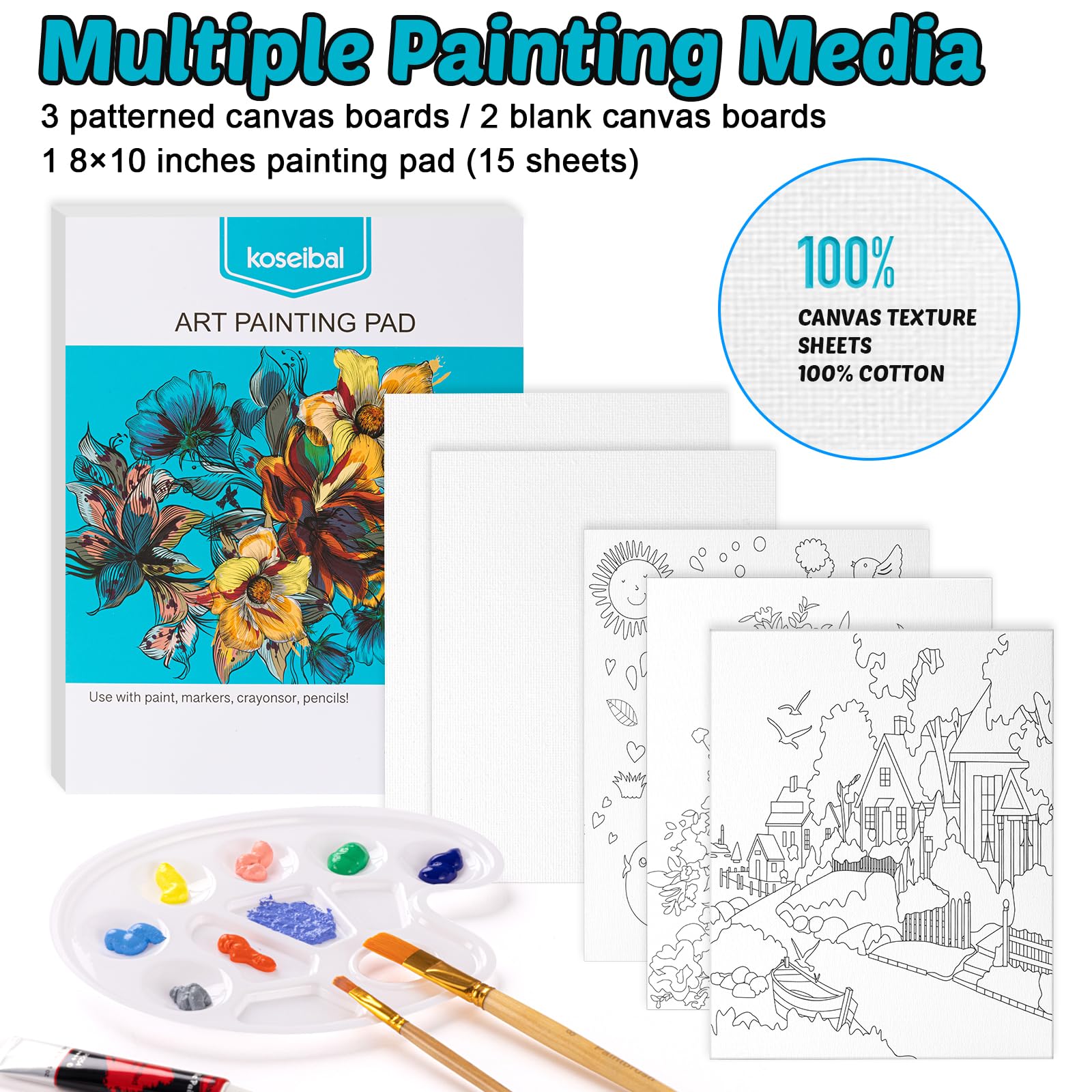 Acrylic Paint Set for Kids, Art Painting Supplies Kit with 12 Paints, 5 Canvas Panels, 8 Brushes, Table Easel, Etc, Premium Paint Set for Students, Artists and Beginner.