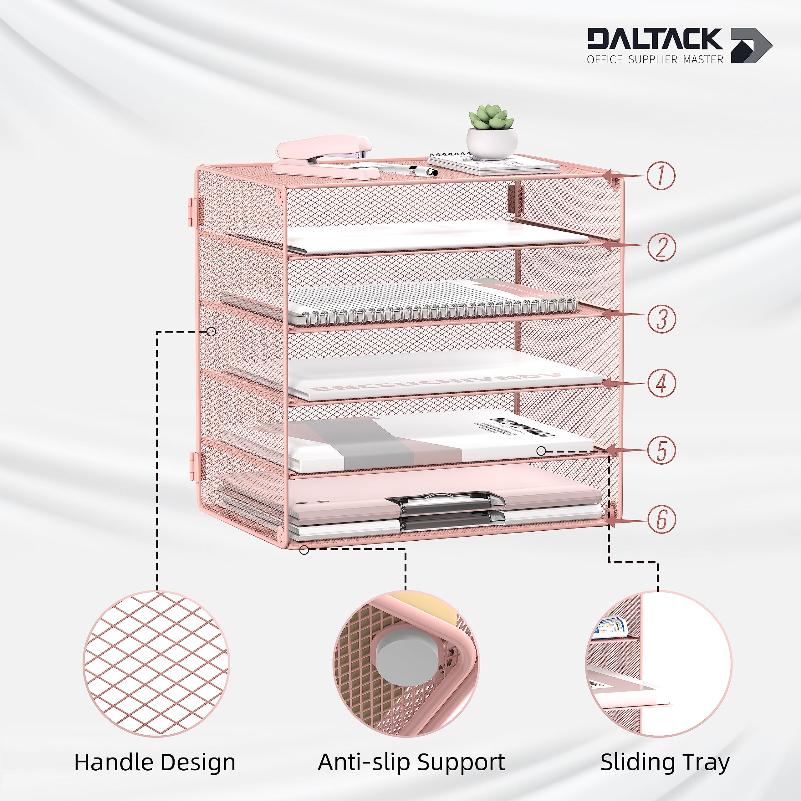 DALTACK Paper Organizer for Desk, 5-Tier Desk Organizer Tray, Paper Organizer Storage, Paper Tray Organizer for Home Office School, Pink