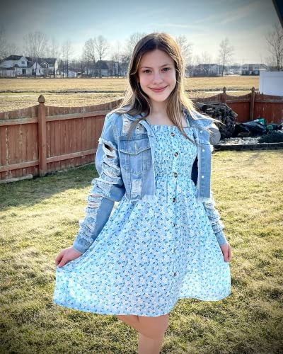 Arshiner Girls Summer Dresses Casual Floral Button Swing Midi Dress Light Blue Floral Litter Girls