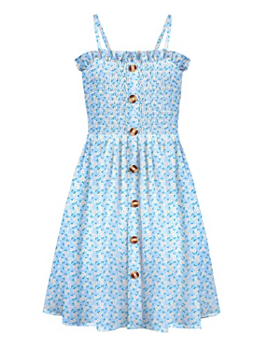 Arshiner Girls Summer Dresses Casual Floral Button Swing Midi Dress Light Blue Floral Litter Girls