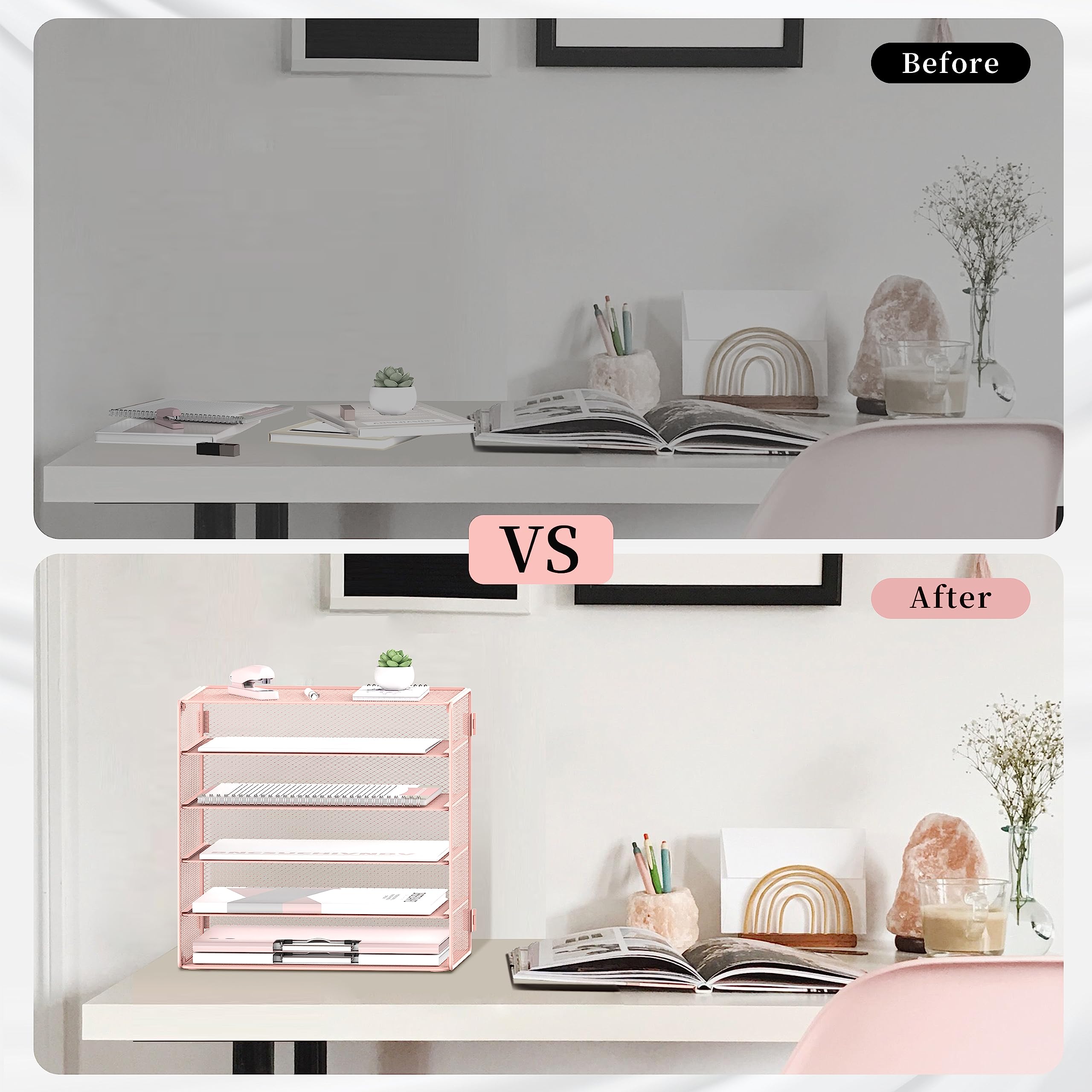 DALTACK Paper Organizer for Desk, 5-Tier Desk Organizer Tray, Paper Organizer Storage, Paper Tray Organizer for Home Office School, Pink