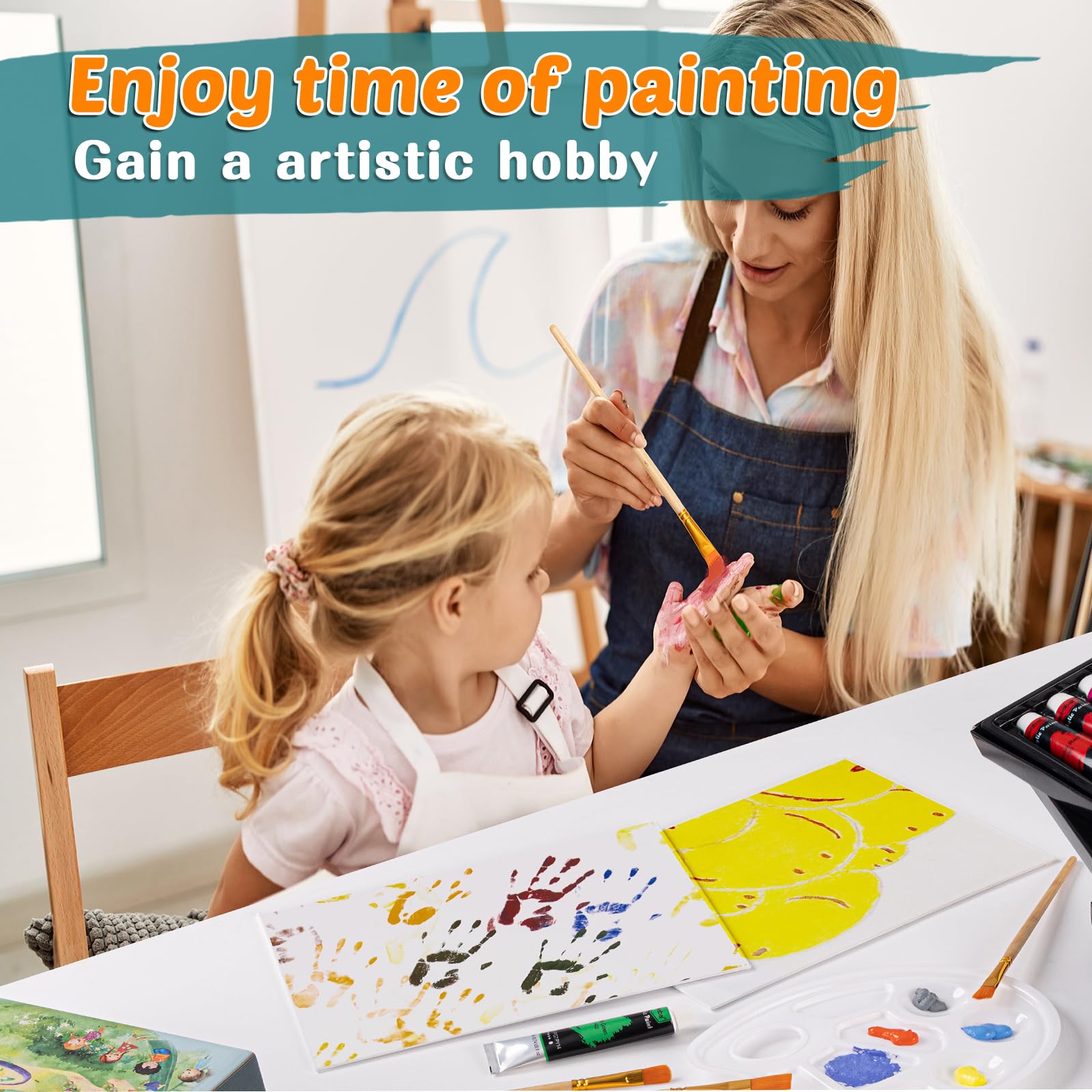 Acrylic Paint Set for Kids, Art Painting Supplies Kit with 12 Paints, 5 Canvas Panels, 8 Brushes, Table Easel, Etc, Premium Paint Set for Students, Artists and Beginner.