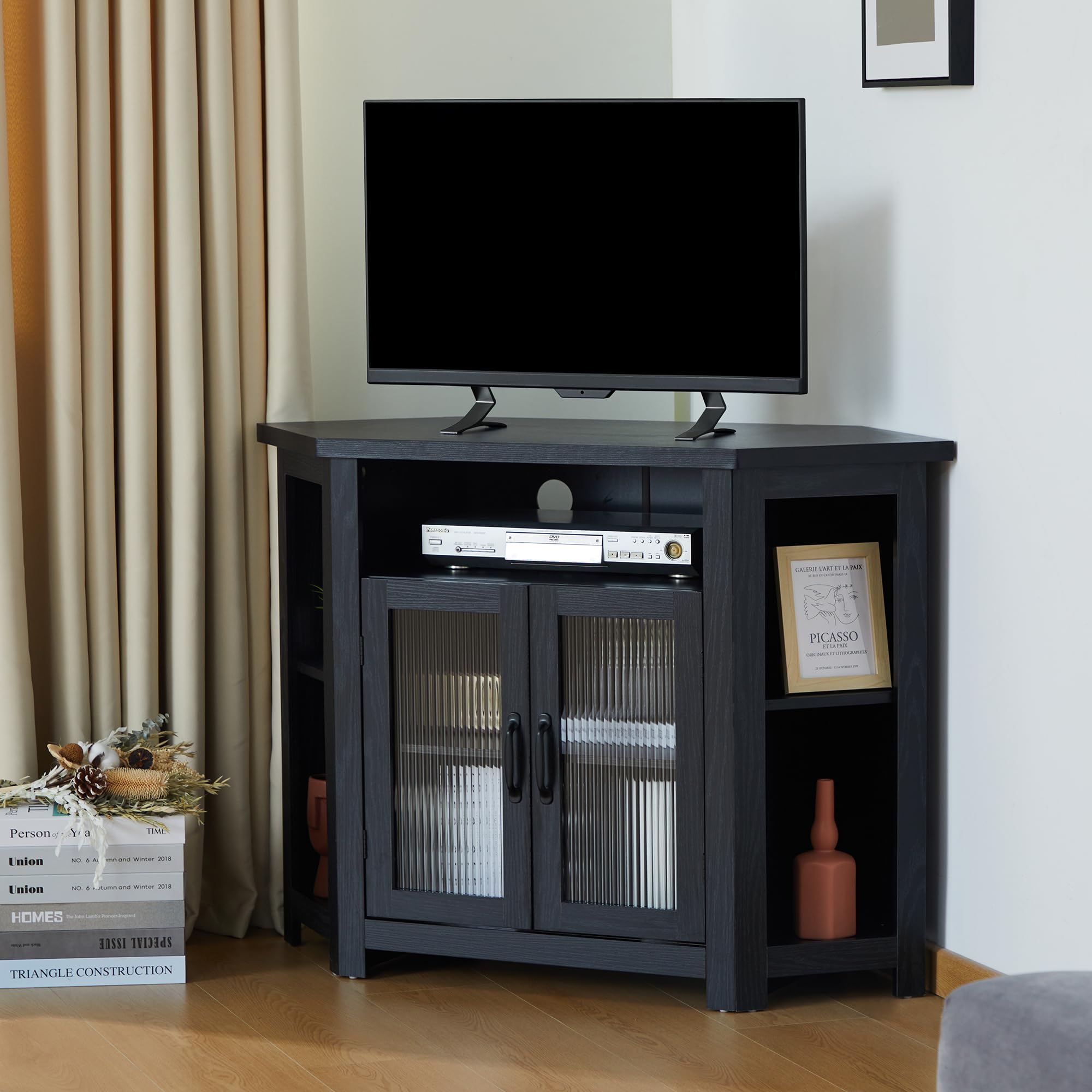 weselon Corner TV Stand for TVs up to 48 Inch, Media Entertainment Center with Storage Shelves and 2 Doors, Console Table Buffet Cabinet for Living Room Bedroom