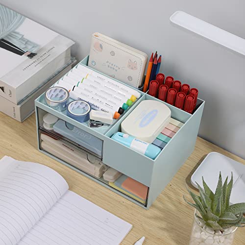 RAMFIYN Blue Kawaii Desk Organizer with 2 Drawers, 10 Compartments, Plastic Stationary Organizer for Home, School