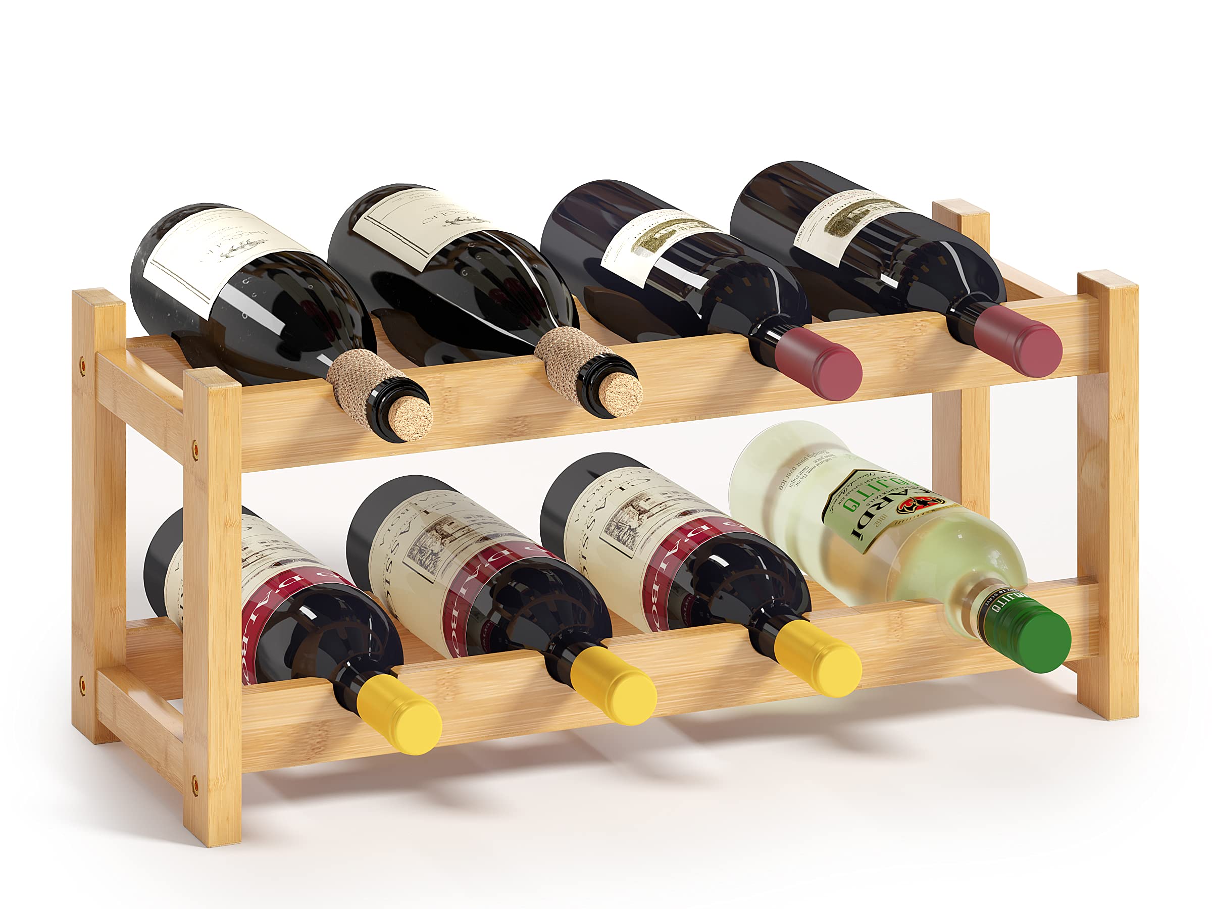BAMEOS Wine Rack Free Standing 8 Bottle 2 Tier Bamboo Wine Racks Countertop Cabinet Wine Holder Wine Storage Shelf for Kitchen, Bar, Pantry, Wine Cellar, Basement, Countertop (16.85 L x 9.25W x 7H)