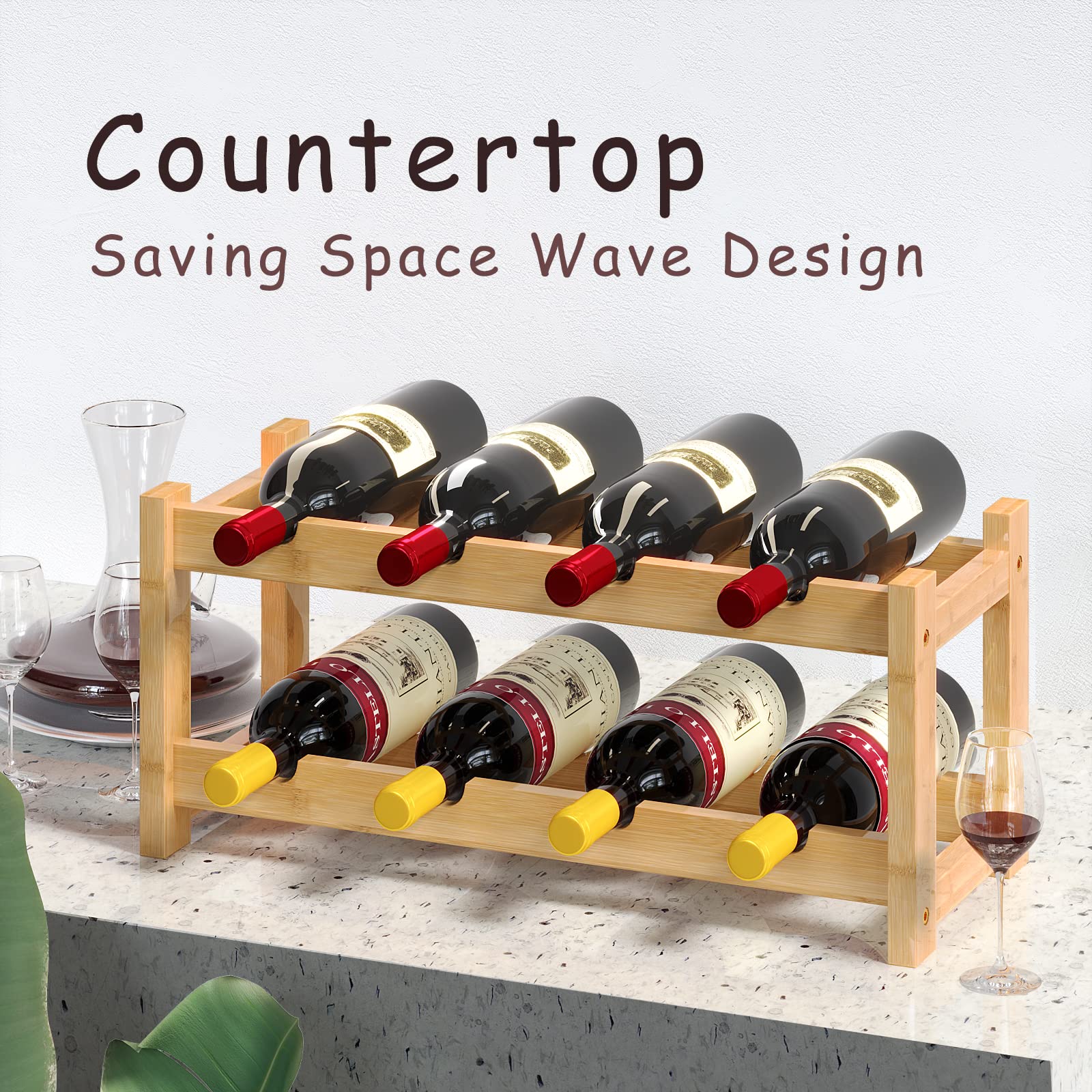 BAMEOS Wine Rack Free Standing 8 Bottle 2 Tier Bamboo Wine Racks Countertop Cabinet Wine Holder Wine Storage Shelf for Kitchen, Bar, Pantry, Wine Cellar, Basement, Countertop (16.85 L x 9.25W x 7H)
