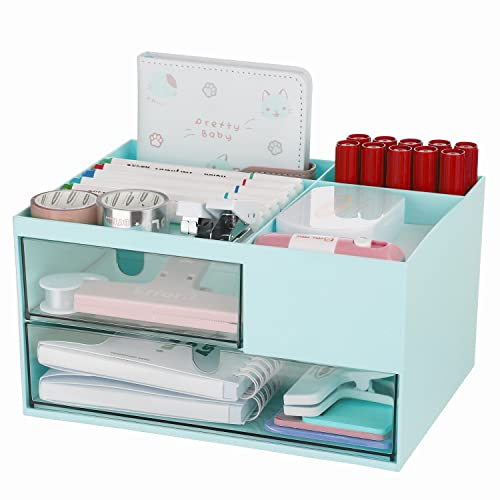 RAMFIYN Blue Kawaii Desk Organizer with 2 Drawers, 10 Compartments, Plastic Stationary Organizer for Home, School