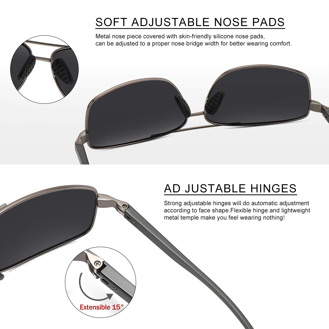 WOWSUN Polarized Sunglasses for Men UV Protection Rectangular Metal Frame Fashion Men's Sun glasses for Driving Golf