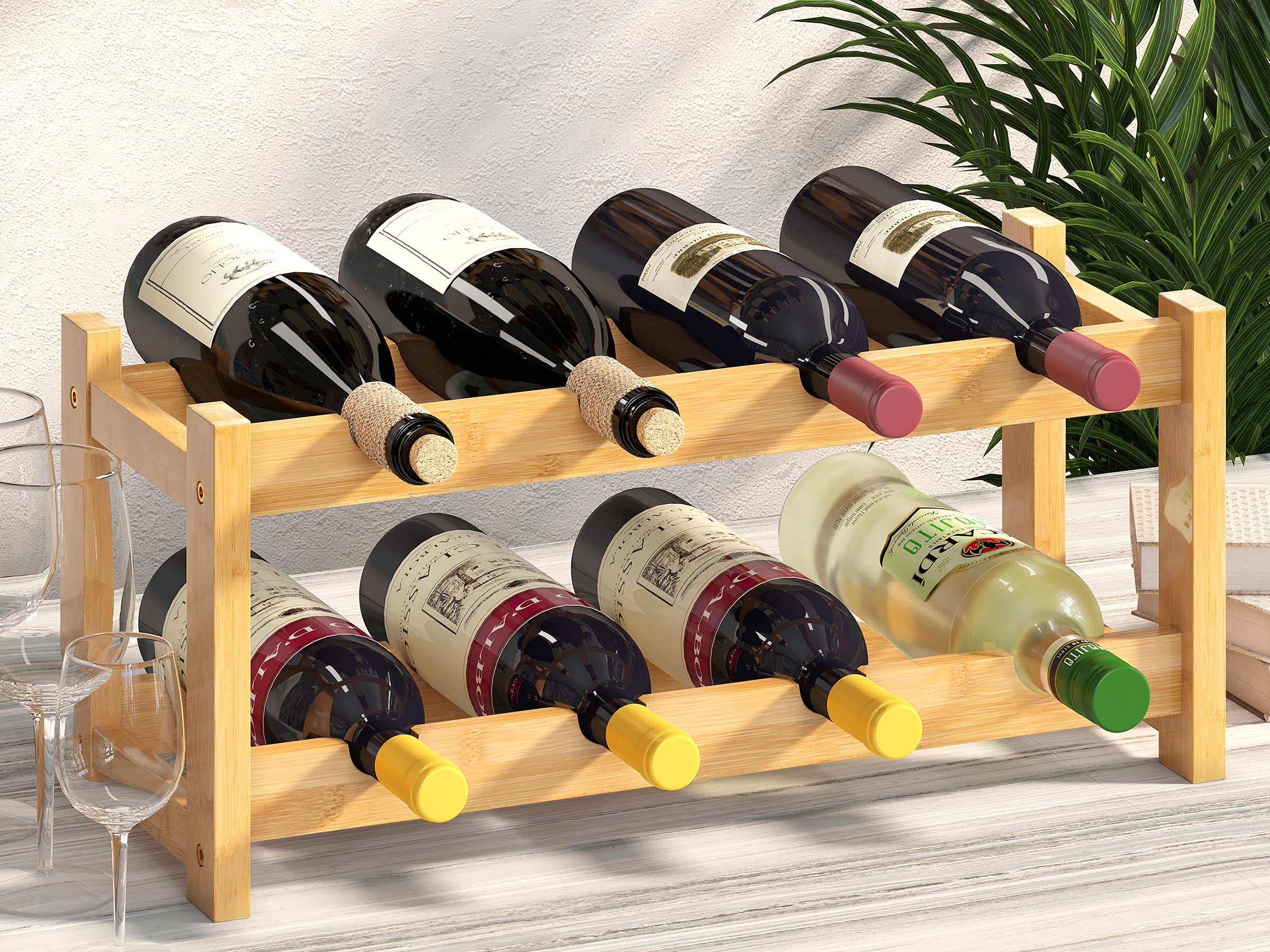 BAMEOS Wine Rack Free Standing 8 Bottle 2 Tier Bamboo Wine Racks Countertop Cabinet Wine Holder Wine Storage Shelf for Kitchen, Bar, Pantry, Wine Cellar, Basement, Countertop (16.85 L x 9.25W x 7H)