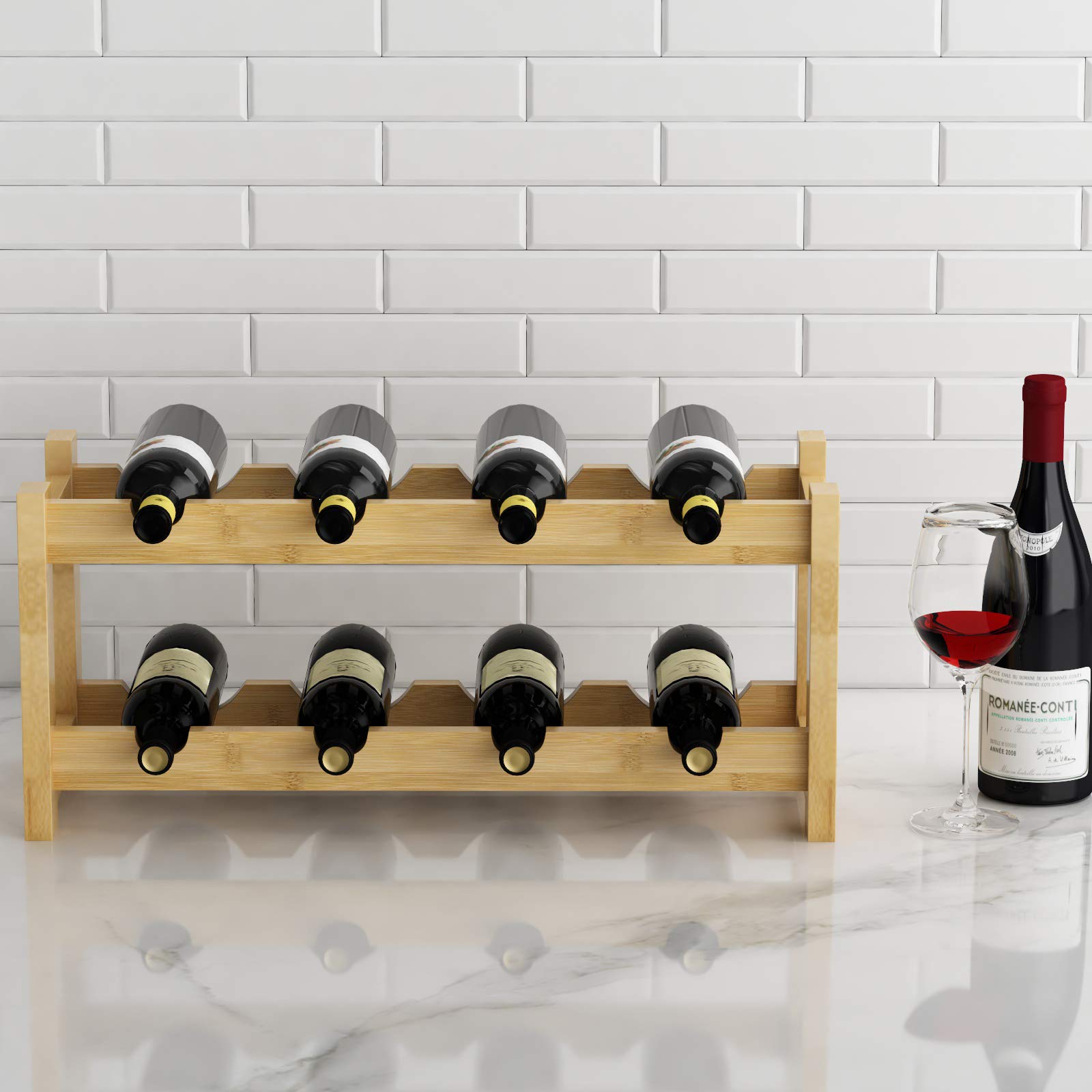 BAMEOS Wine Rack Free Standing 8 Bottle 2 Tier Bamboo Wine Racks Countertop Cabinet Wine Holder Wine Storage Shelf for Kitchen, Bar, Pantry, Wine Cellar, Basement, Countertop (16.85 L x 9.25W x 7H)