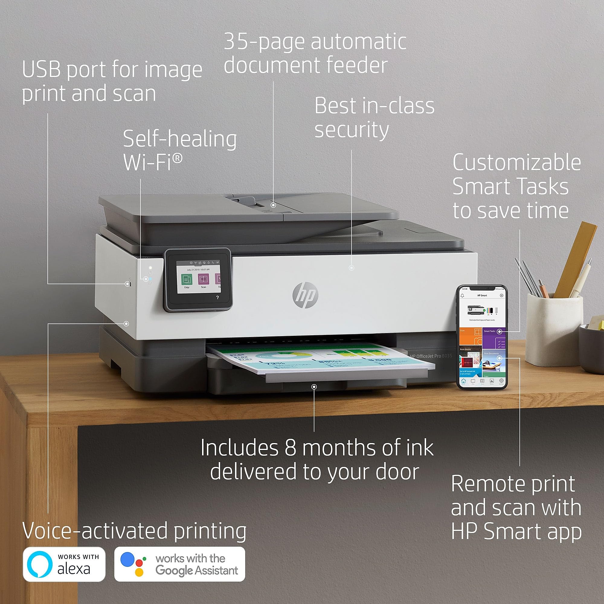 HP OfficeJet Pro 8035 All-in-One Wireless Printer - Includes 8 Months of Ink, HP Instant Ink, Works with Alexa - Basalt (5LJ23A)