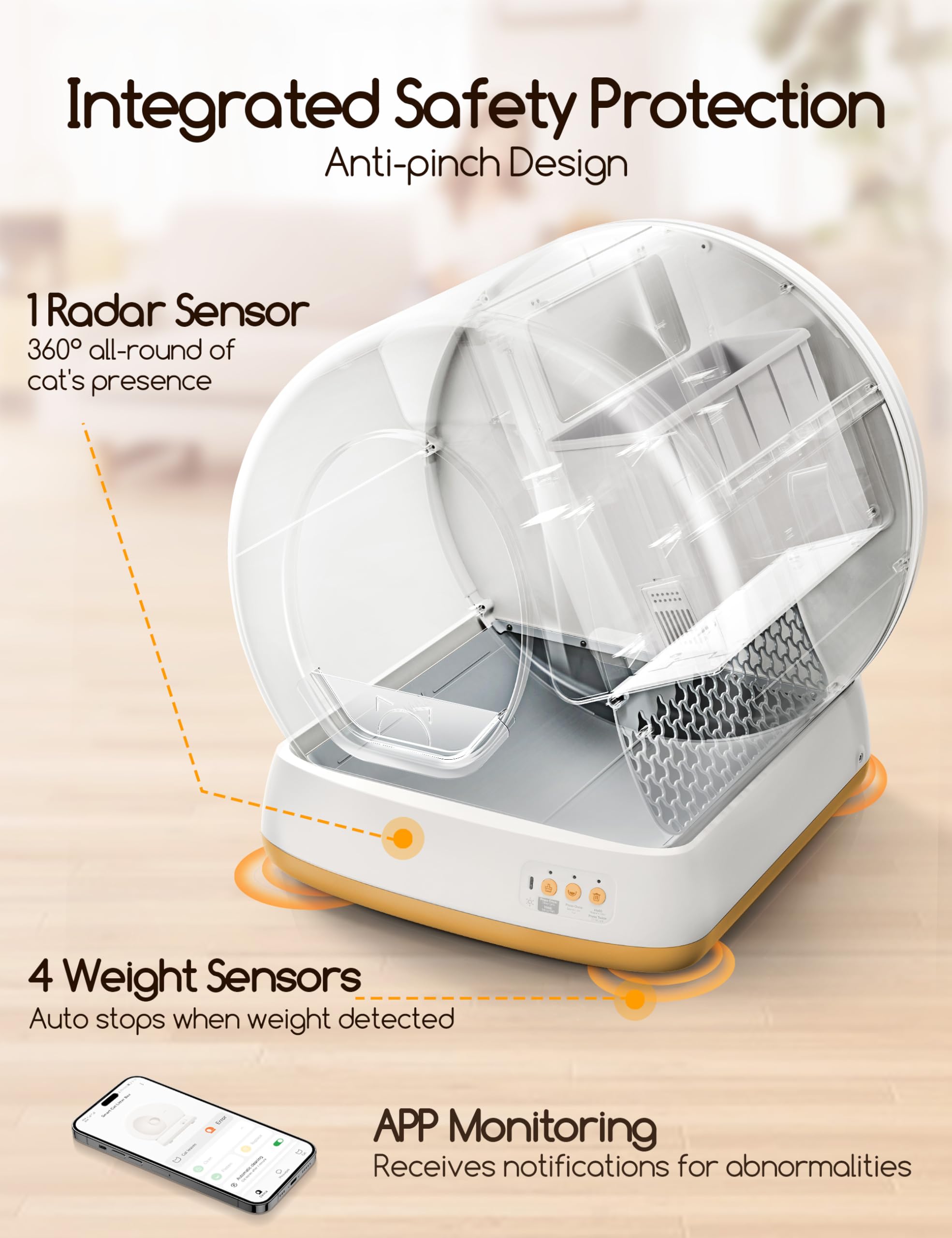 MeoWant Self-Cleaning Cat Litter Box, Advanced Safety System Automatic Cat Litter Box Perfect for Multi Cats, Extra Large/Odor Control/APP Control Smart Cat Litter Box with Mat & Liner, Yellow