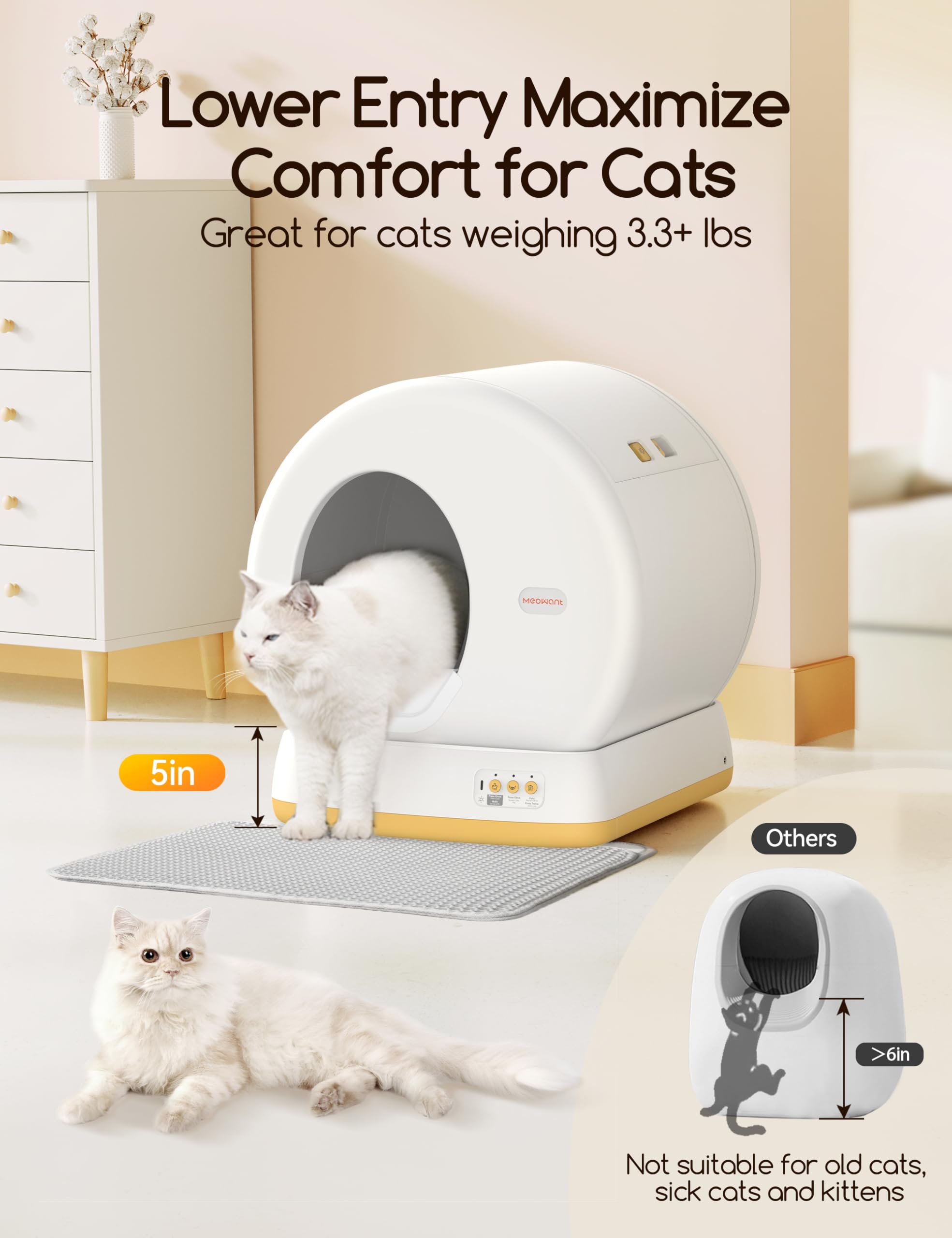 MeoWant Self-Cleaning Cat Litter Box, Advanced Safety System Automatic Cat Litter Box Perfect for Multi Cats, Extra Large/Odor Control/APP Control Smart Cat Litter Box with Mat & Liner, Yellow