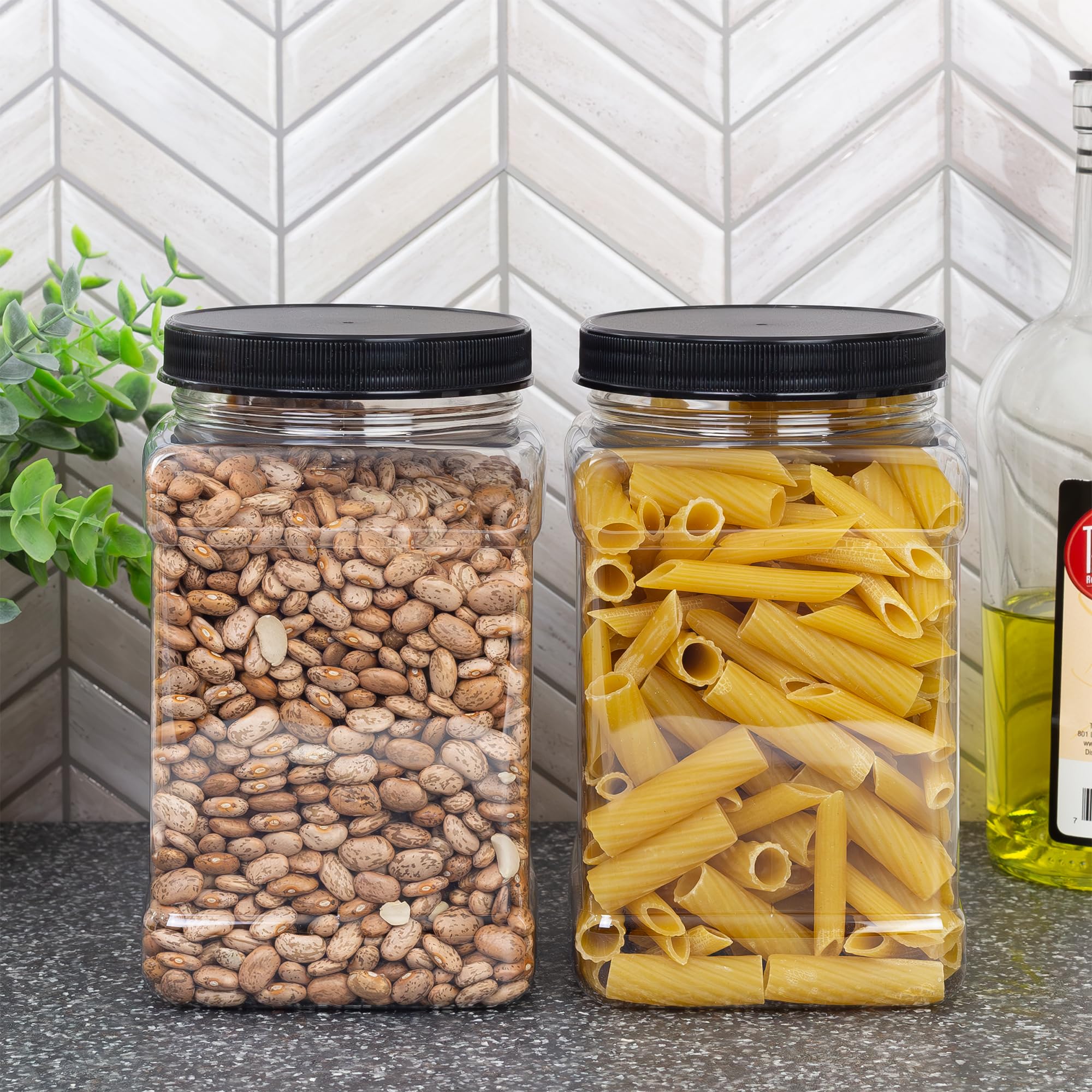 Cornucopia 48oz Square Plastic Jars (3-Pack); Clear Rectangular 6-Cup Canisters w/ Black Lids, Easy-Grip Side