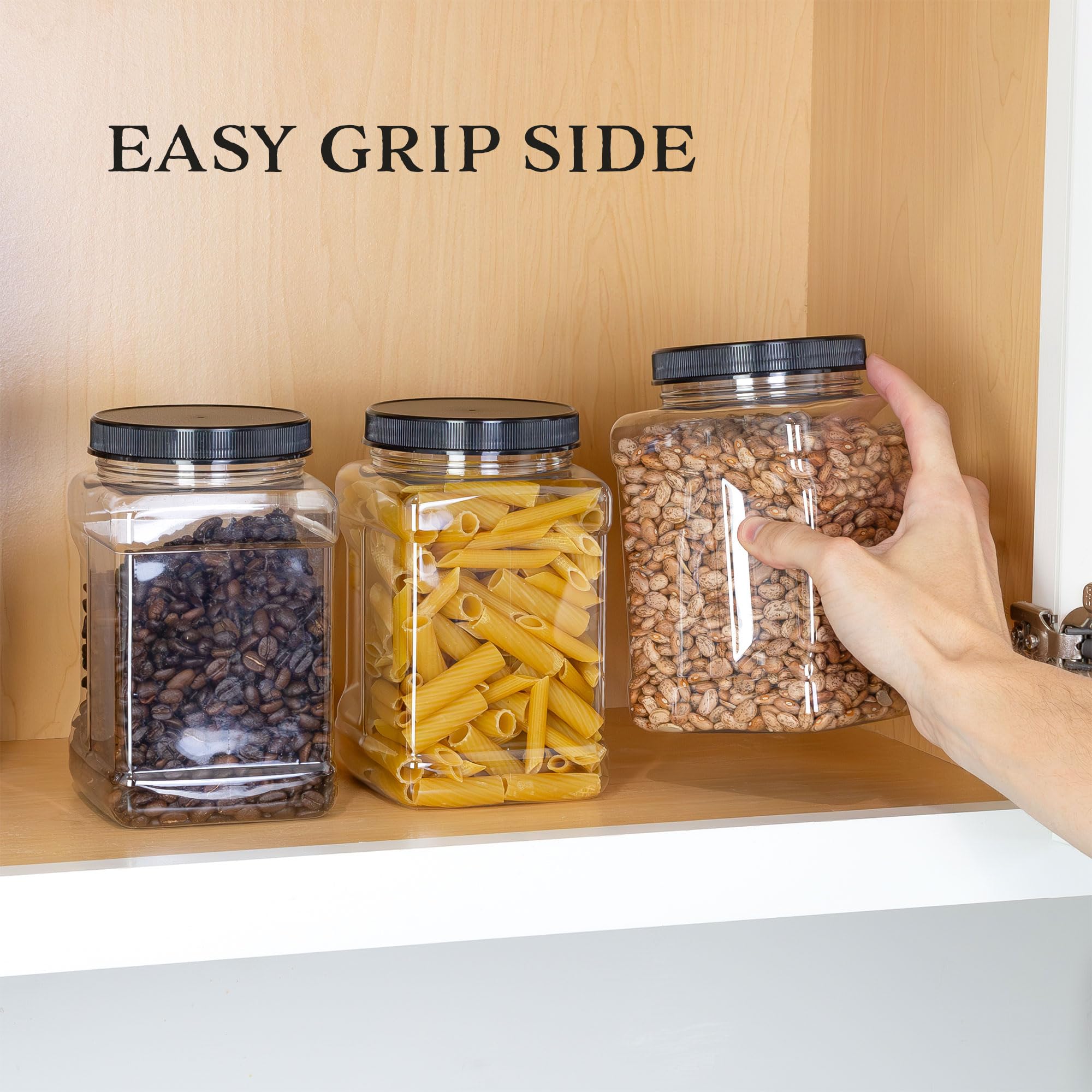 Cornucopia 48oz Square Plastic Jars (3-Pack); Clear Rectangular 6-Cup Canisters w/ Black Lids, Easy-Grip Side