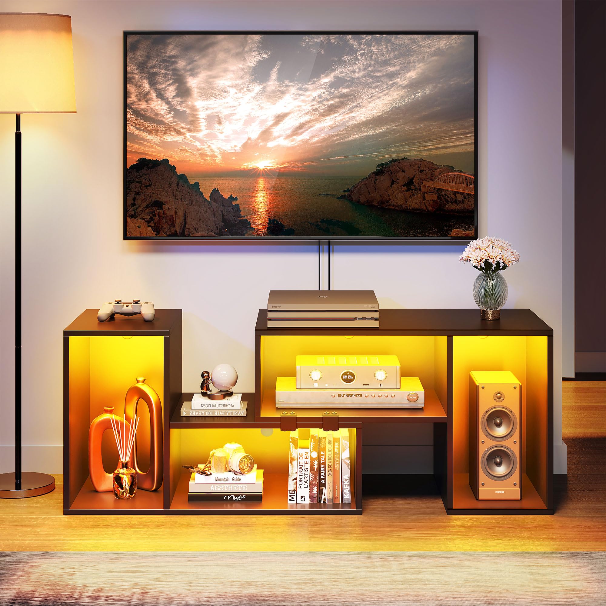 YITAHOME DIY TV Stand w/LED Strip, Modern Deformable Entertainment Center for 75/70/65/60/55/50/45 inch TVs, Gaming TV Consoles 2 Pieces Media Console Cabinet for 300lbs for Living Room, Black