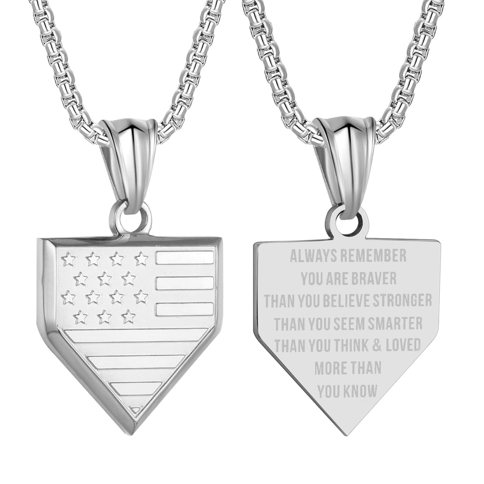 ZRAY USA Flag Baseball Plate Necklace for Men Personalized Bible Verse Shield Pendant Stainless Steel Chain 22+2 inch Inspirational Baseball Sport Gift Patriotic Jewelry for Men(S-ALWAYS REMEMBER)