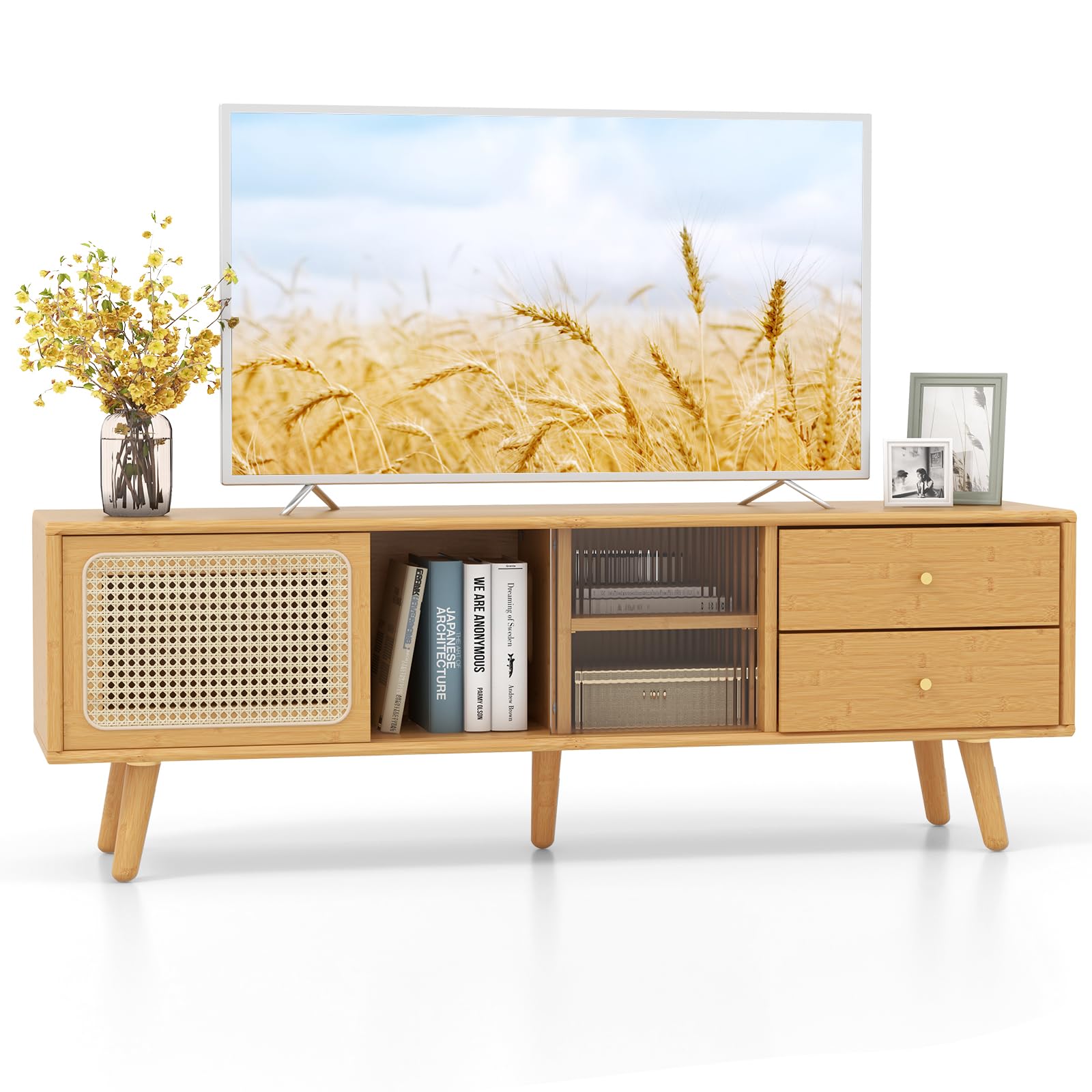 Tangkula Mid Century Modern TV Stand for TVs up to 65", Bamboo Entertainment Center w/Glass & PE Rattan Sliding Doors, 2 Drawers, Adjustable Shelf, Wood Legs, Media Console for Living Room