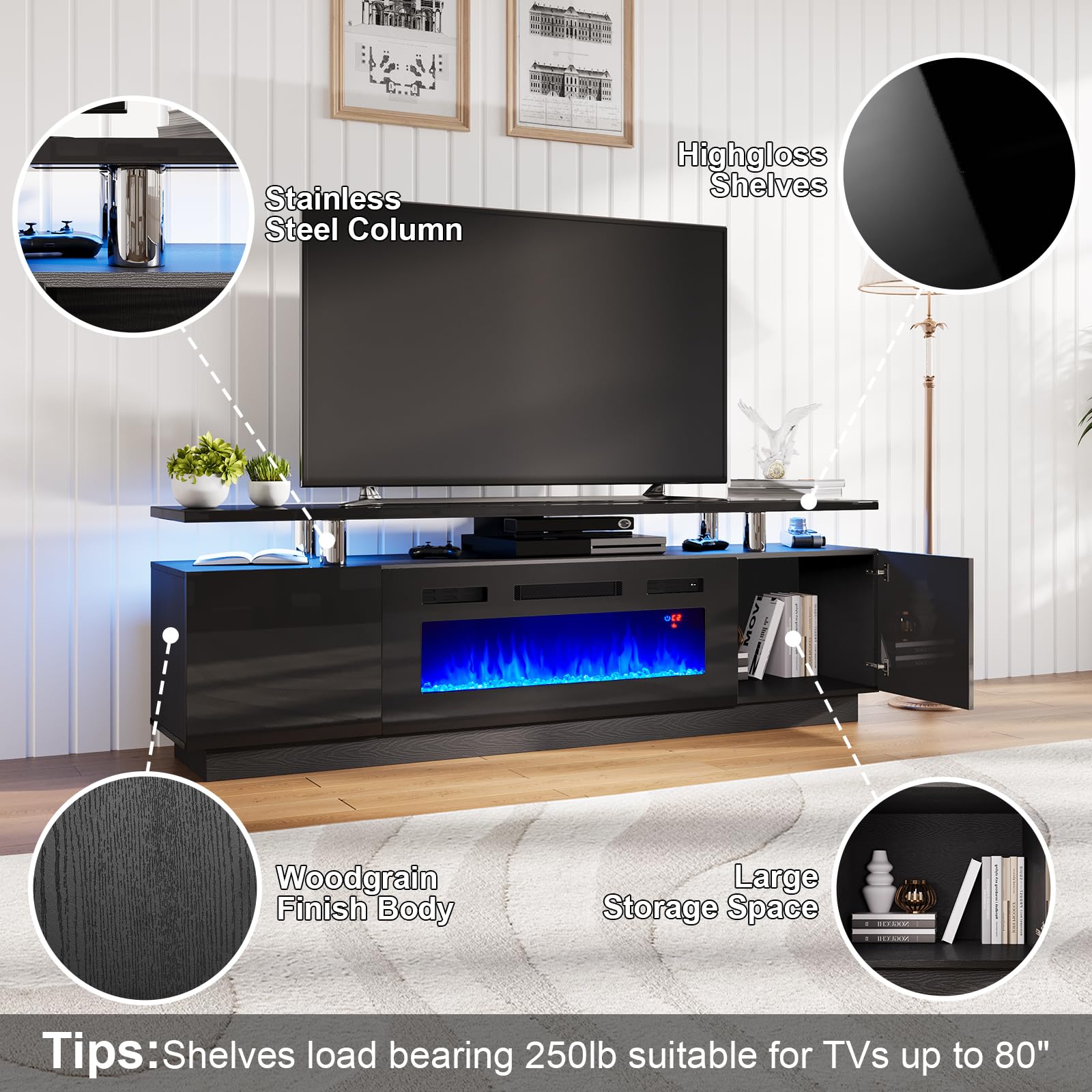 AMERLIFE Entertainment Center with Fireplace and Bookcases, Includes 70" 2-Tier Fireplace TV Stand with 36" Fireplace, 2 x Modern High Gloss Bookshelves with LED Lights & Glass Doors, Black