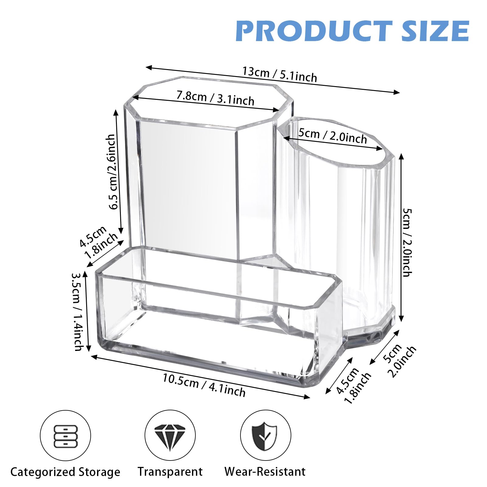 Clear Acrylic Pencil Pen Holder Cup, Desk Organizers and Accessories, Makeup Brush Holder 3 Compartments, Modern Minimalist Desktop Stationery Storage Organizer Cute for Office School Home Supplies