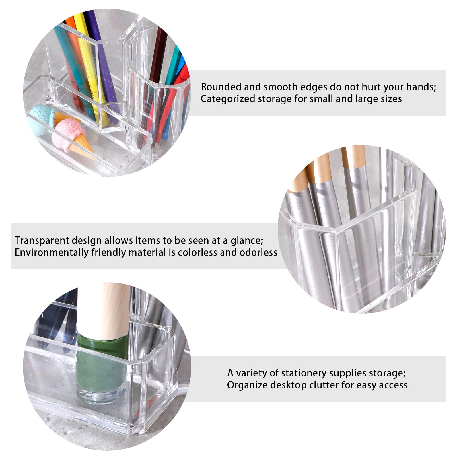 Clear Acrylic Pencil Pen Holder Cup, Desk Organizers and Accessories, Makeup Brush Holder 3 Compartments, Modern Minimalist Desktop Stationery Storage Organizer Cute for Office School Home Supplies