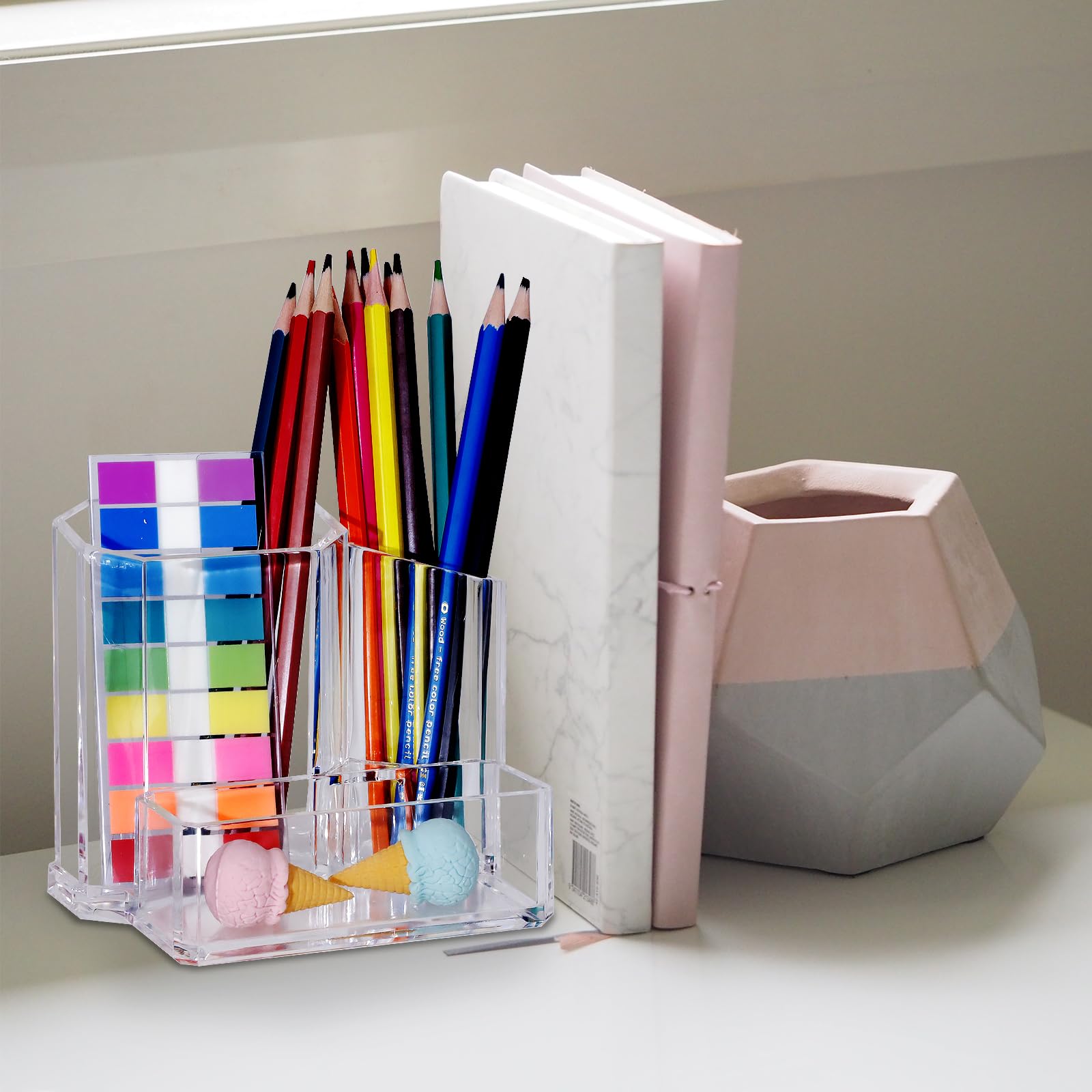 Clear Acrylic Pencil Pen Holder Cup, Desk Organizers and Accessories, Makeup Brush Holder 3 Compartments, Modern Minimalist Desktop Stationery Storage Organizer Cute for Office School Home Supplies