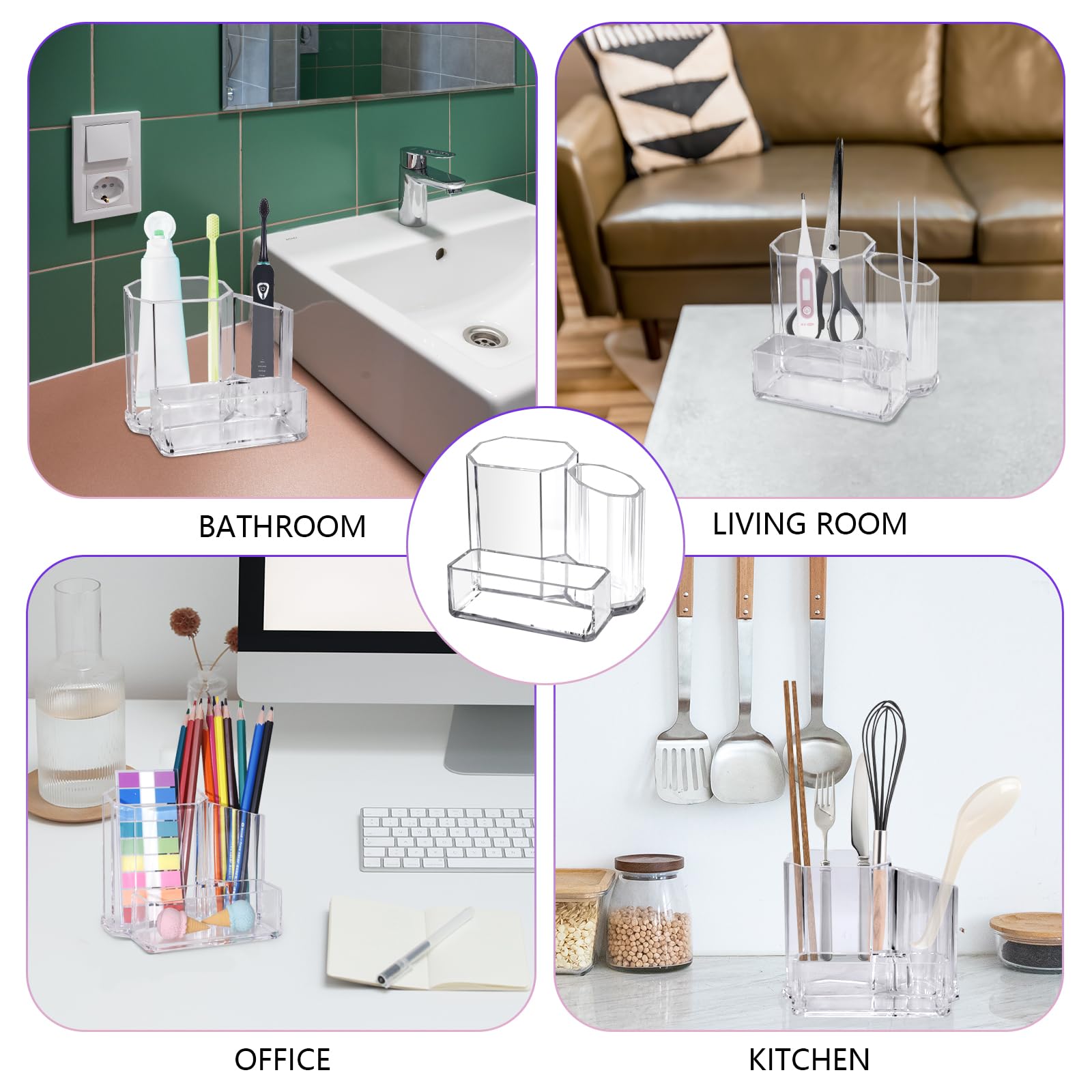 Clear Acrylic Pencil Pen Holder Cup, Desk Organizers and Accessories, Makeup Brush Holder 3 Compartments, Modern Minimalist Desktop Stationery Storage Organizer Cute for Office School Home Supplies