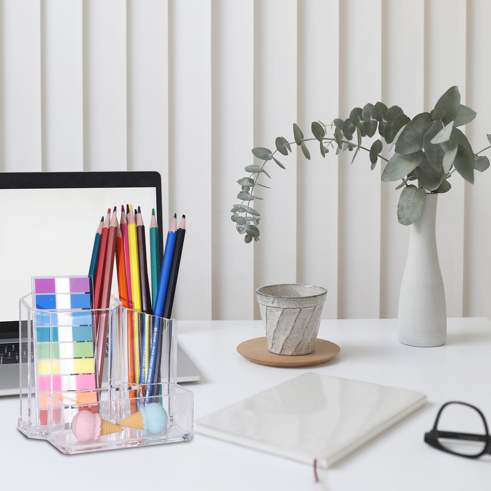 Clear Acrylic Pencil Pen Holder Cup, Desk Organizers and Accessories, Makeup Brush Holder 3 Compartments, Modern Minimalist Desktop Stationery Storage Organizer Cute for Office School Home Supplies