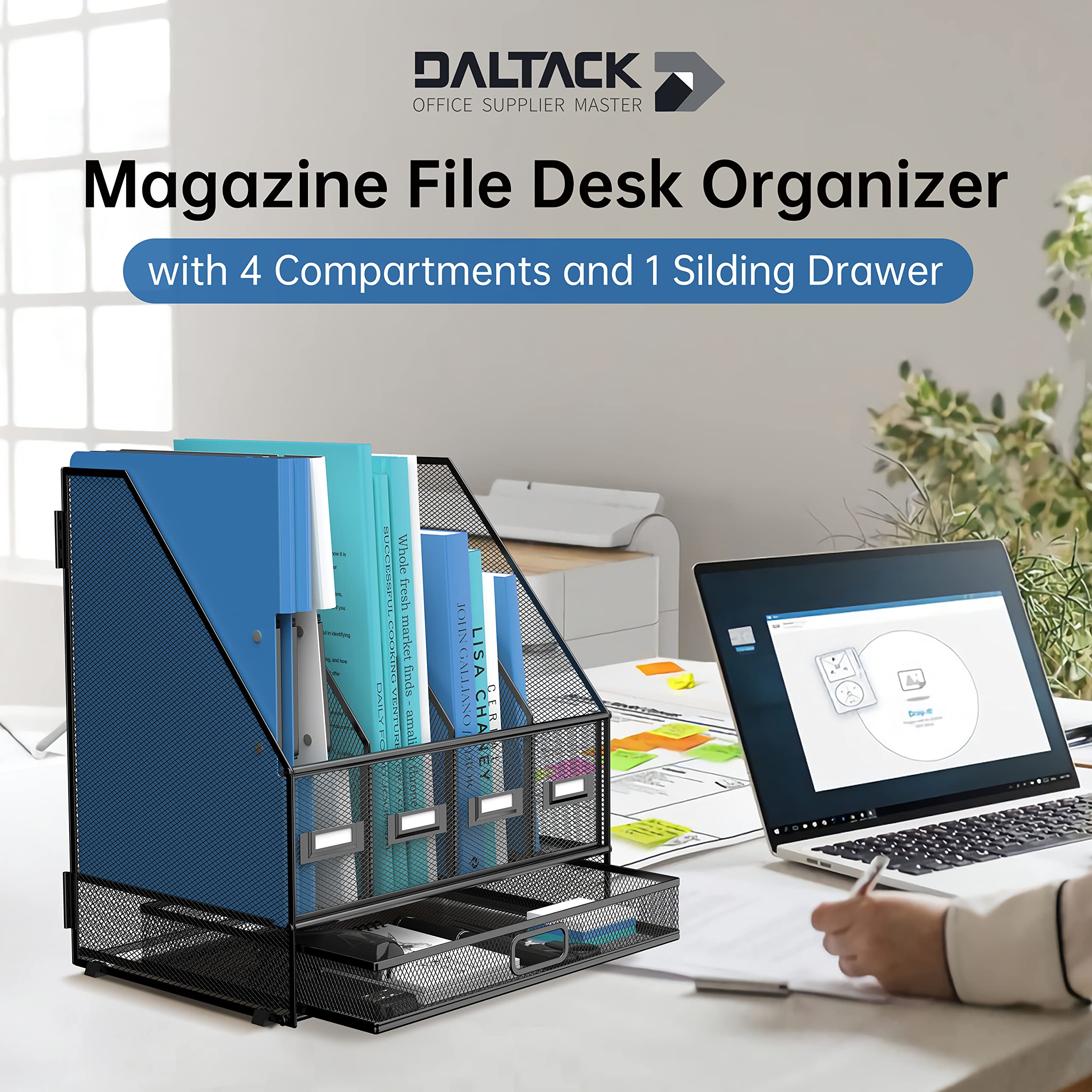 DALTACK Magazine File Holder, Desk Organizer with 4 Vertical File Holder and Drawer, Mesh File Organizer for Office Organization, Magazine Holder for Home Office School, Black
