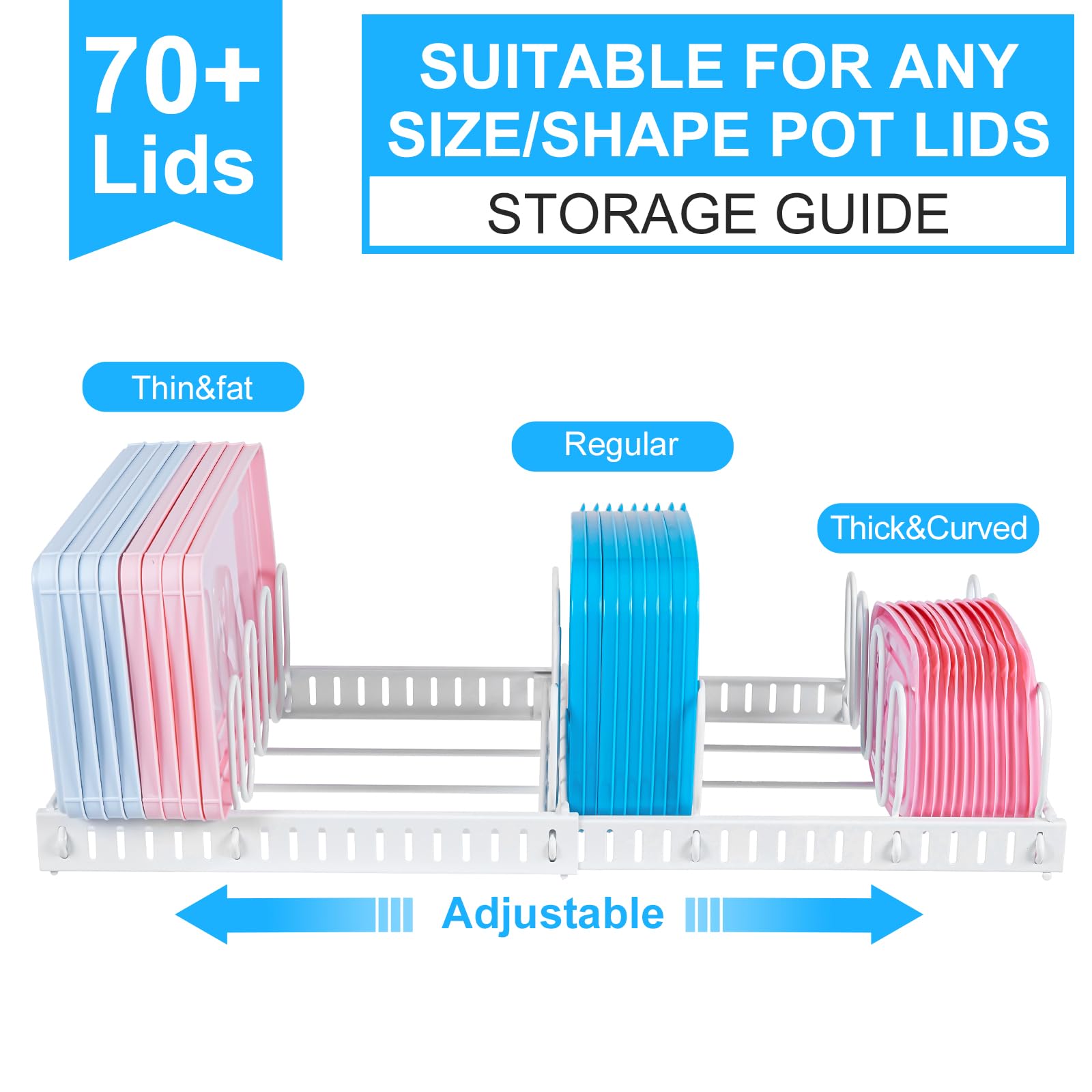 Expandable Food Container Lid Organizer,Large Capacity Adjustable 10 Dividers Detachable Lid Organizer Rack for Cabinets, Cupboards, Pantry Shelves, Drawers to Keep Kitchen Tidy,White(Patent Pending)
