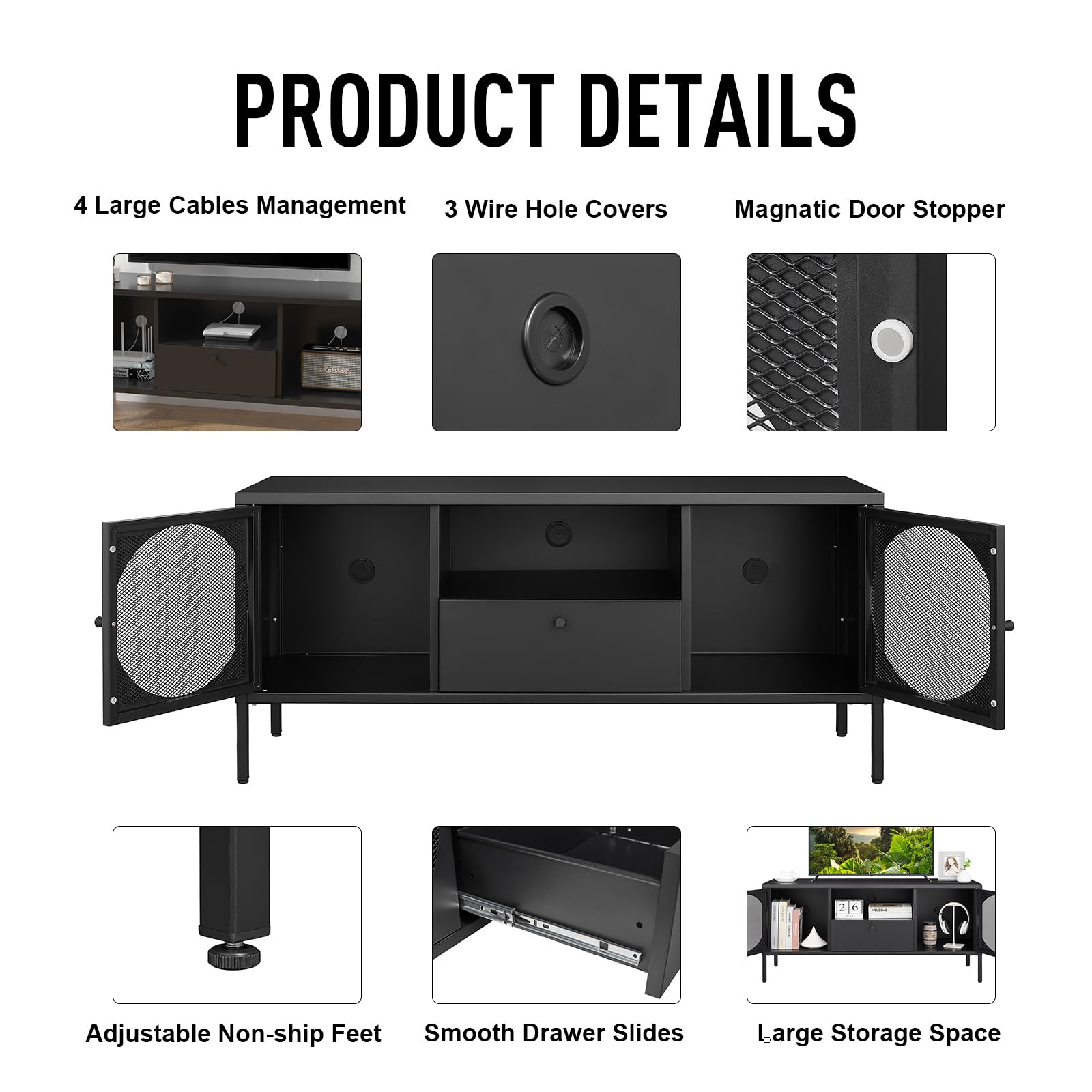 TV Stand Retro Record Cabinet Metal Storage Cabinet Cupboard Console Table Entertainment Center with Storage Cabinet Sideboard Buffet tv Stand Metal Locker Media Entertainment Center with Cable Hole