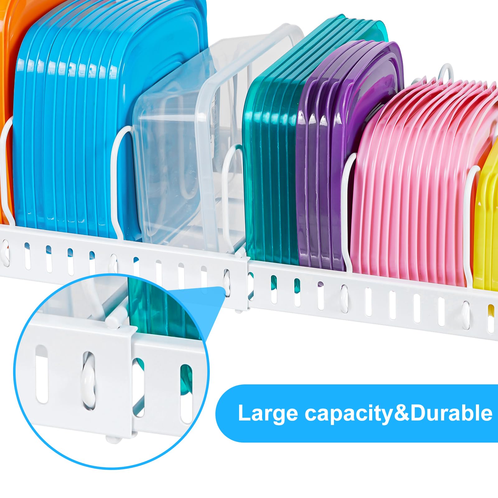 Expandable Food Container Lid Organizer,Large Capacity Adjustable 10 Dividers Detachable Lid Organizer Rack for Cabinets, Cupboards, Pantry Shelves, Drawers to Keep Kitchen Tidy,White(Patent Pending)