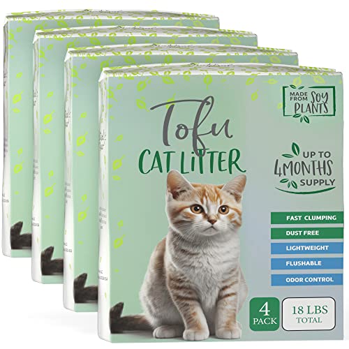 Natural Paw Tofu Cat Litter Lightweight Case of 4, Natural Odor Control Kitty Litter, 99.9% Dust Free, Fast Clumping Multi-Cat, Fast Acting Super Absorbing, Silica Free, Flushable, Unscented 18 Lb