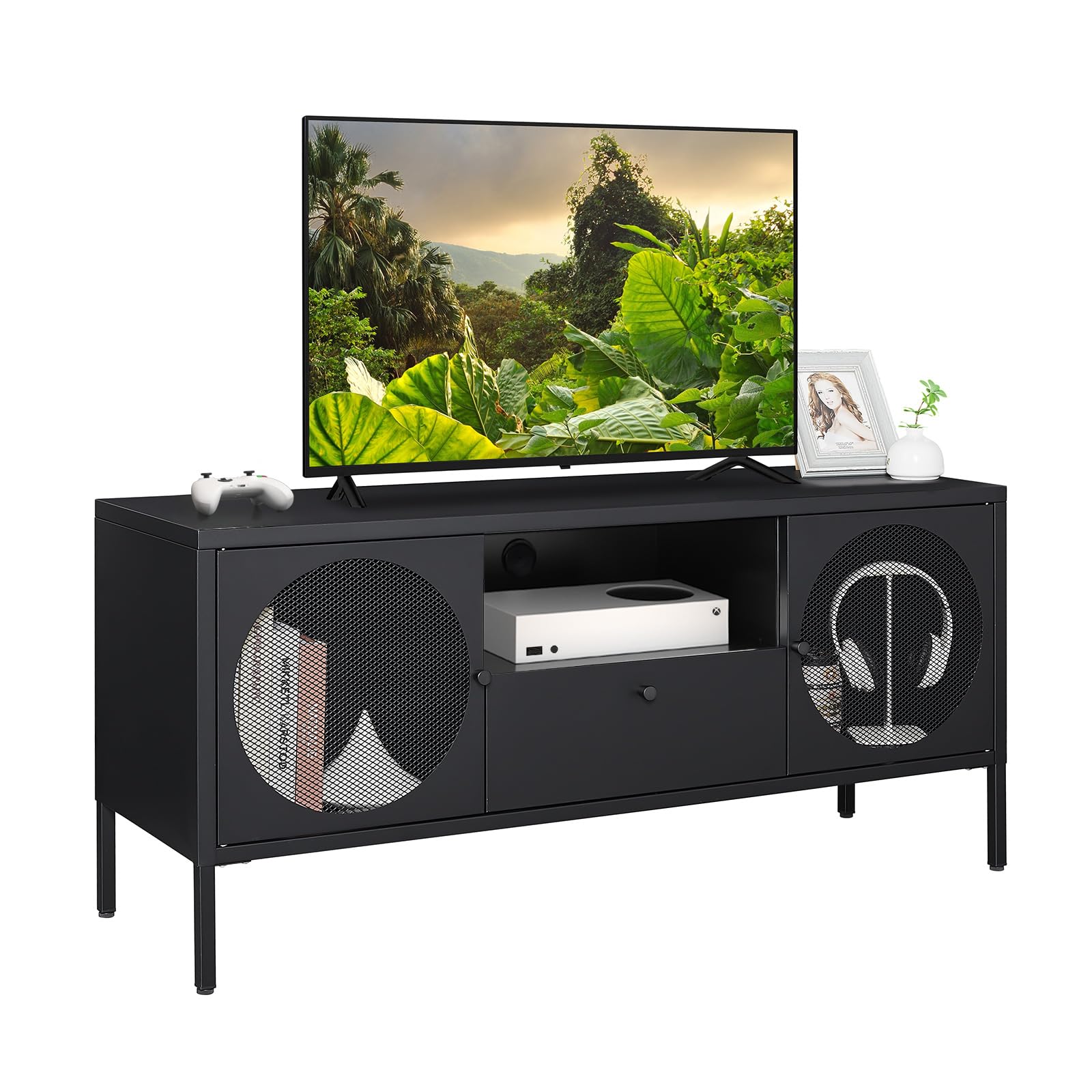 TV Stand Retro Record Cabinet Metal Storage Cabinet Cupboard Console Table Entertainment Center with Storage Cabinet Sideboard Buffet tv Stand Metal Locker Media Entertainment Center with Cable Hole