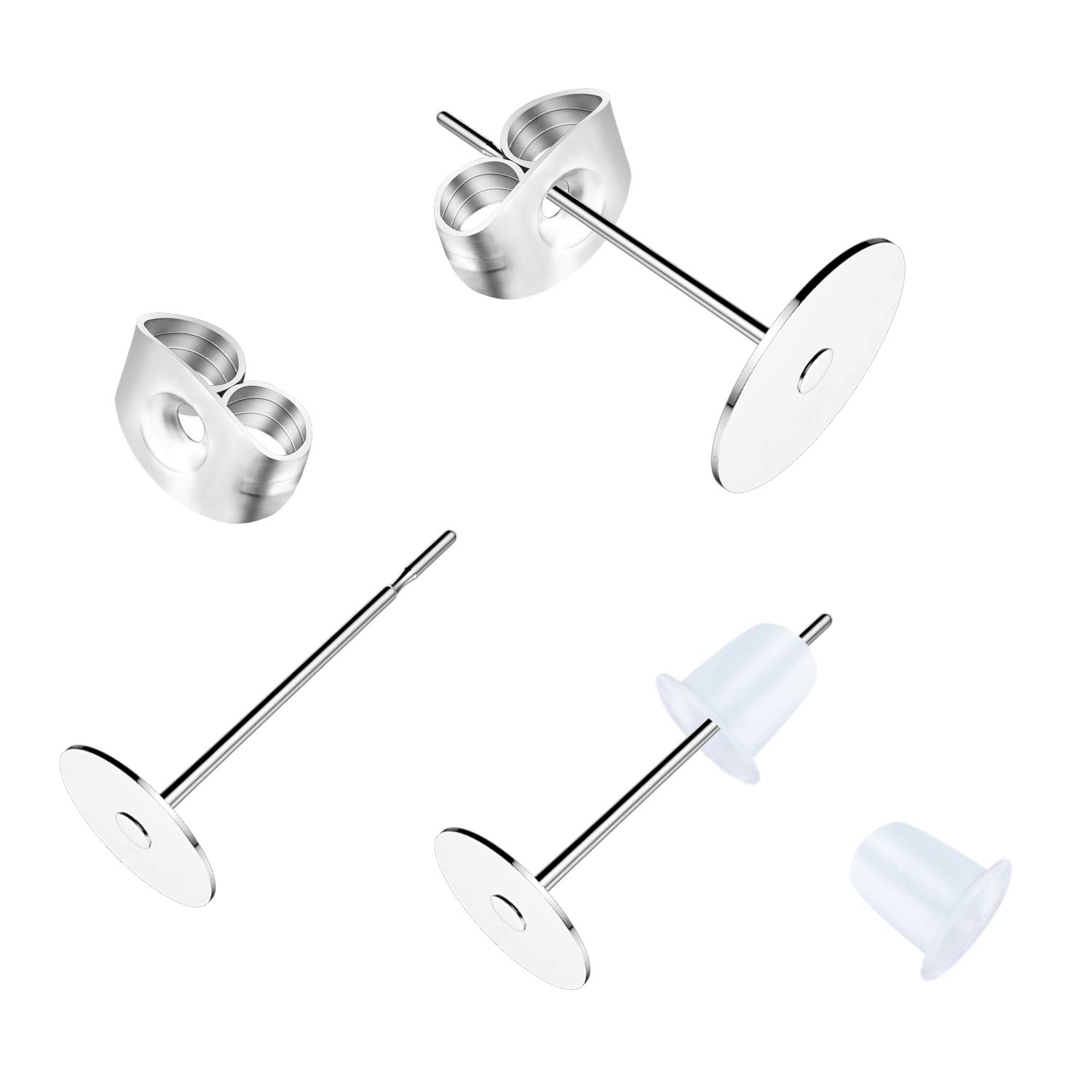 Earring Posts Stainless Steel, 500Pcs Hypoallergenic Flat Pad Earring Studs with Butterfly and Rubber Bullet Earring Backs for Jewelry Making Findings