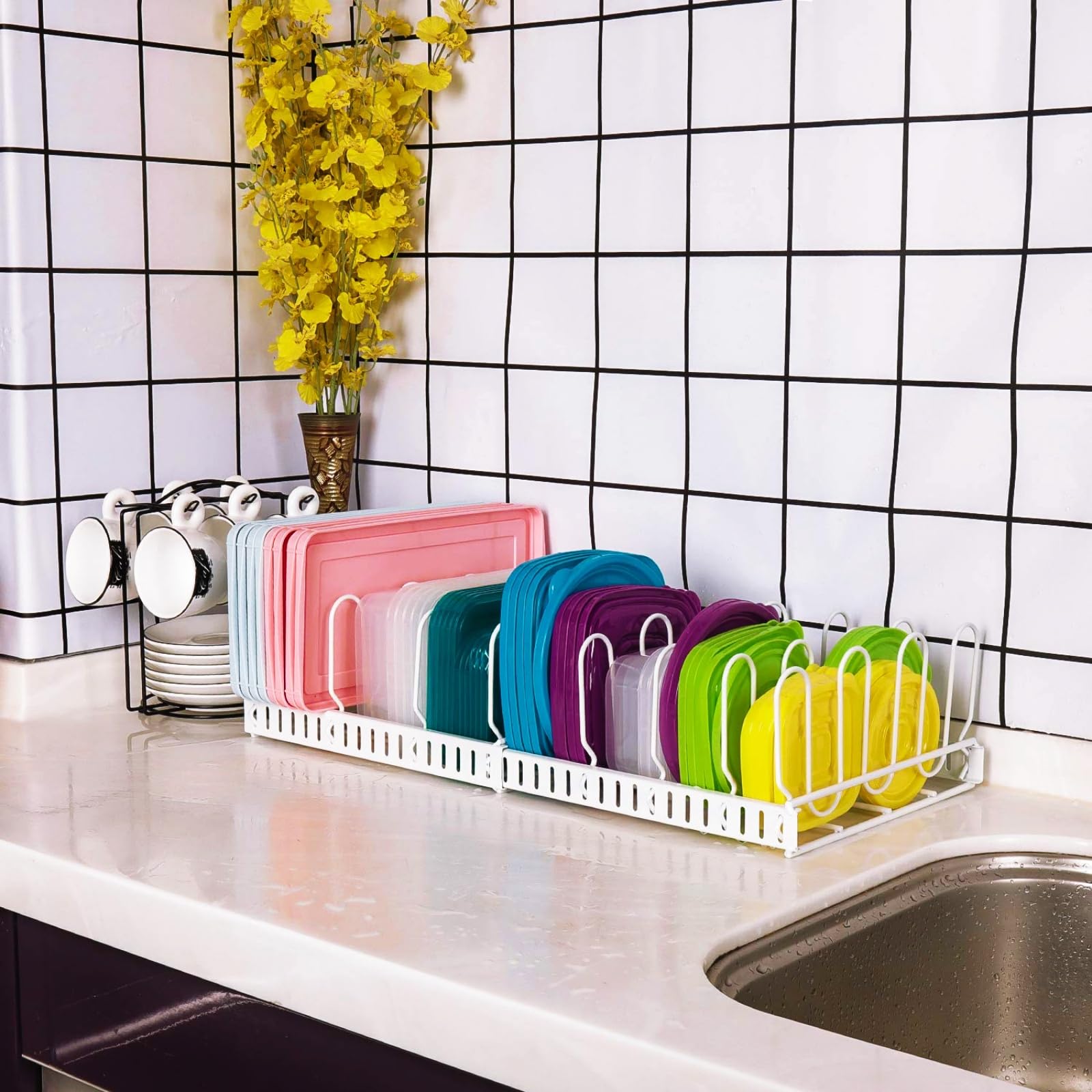 Expandable Food Container Lid Organizer,Large Capacity Adjustable 10 Dividers Detachable Lid Organizer Rack for Cabinets, Cupboards, Pantry Shelves, Drawers to Keep Kitchen Tidy,White(Patent Pending)