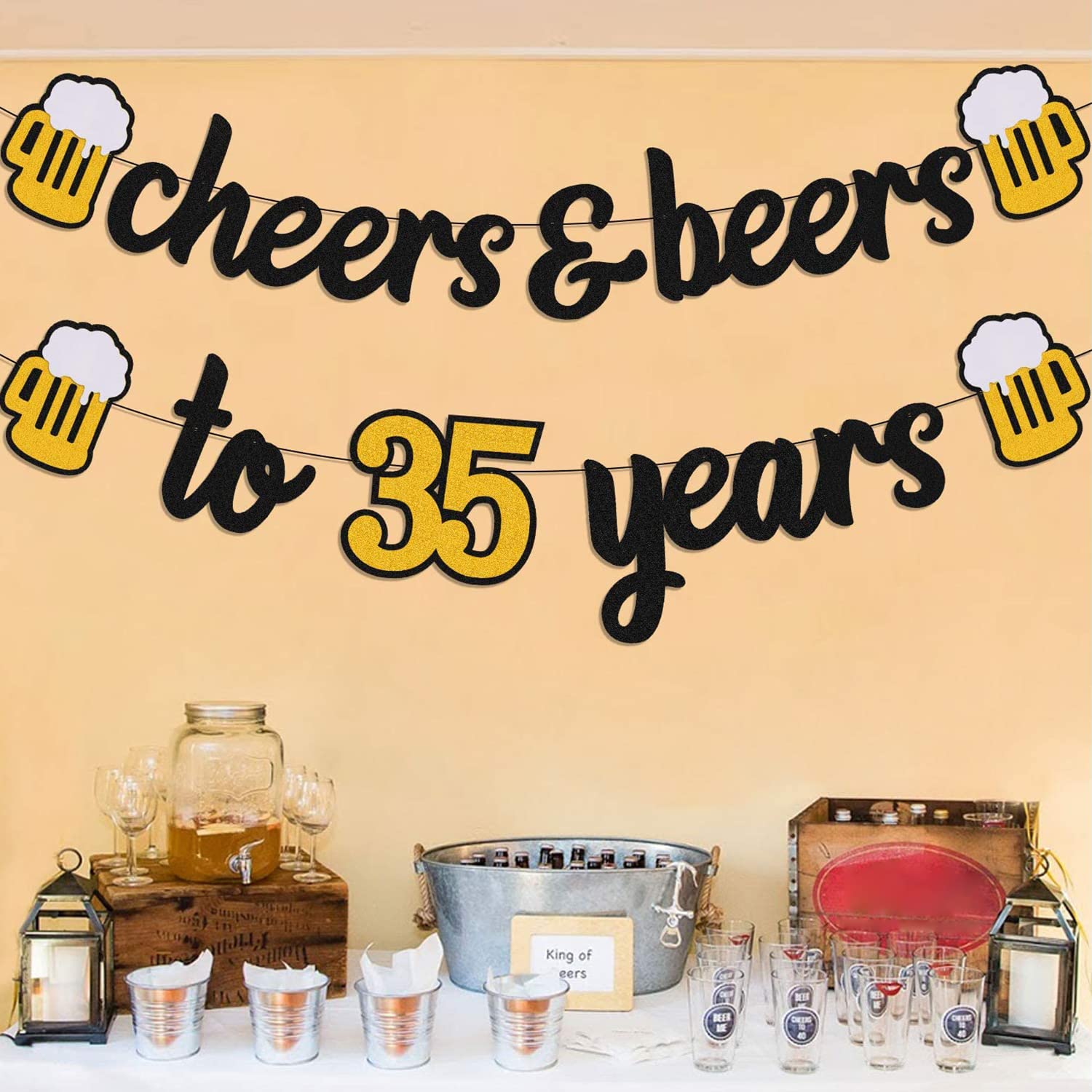 Cheers 35 Years Banner 35th Birthday Decorations for Men Women Him Her 35s Happy Birthday Theme Wedding Anniversary Party Supplies Black Sparkle Decorations Pre-strung