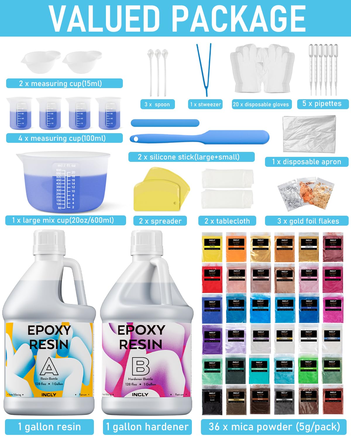 Incly 80oz Crystal Clear Epoxy Resin Kit, Casting & Coating Art Resin Supplies for Jewelry Making,Craft Tabletop,Mold, Bubble Free Resin Kit for Beginner with 15 Mica Powder Large Silicone Cup, Sticks