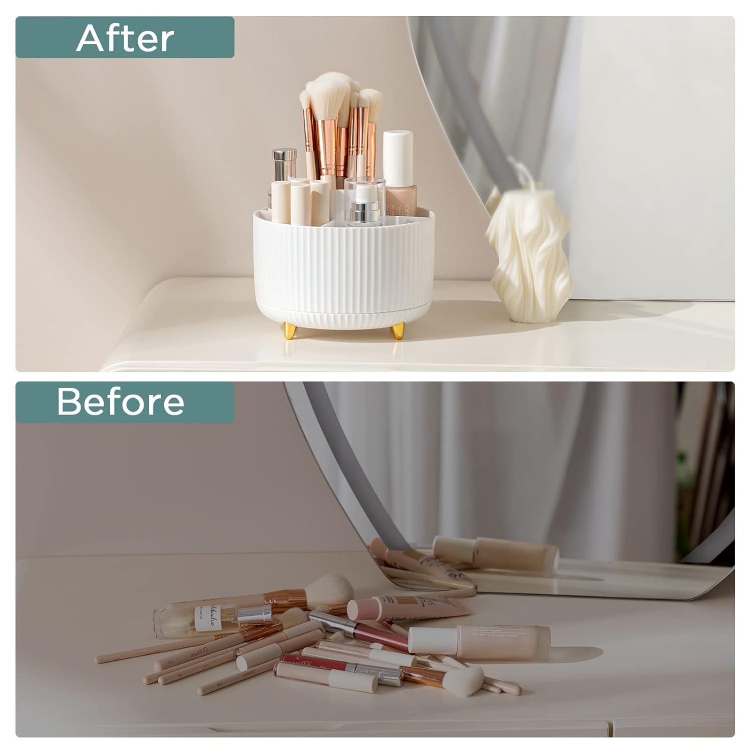 Famyards Makeup Brush Holder, 360° Rotating Makeup Brush Organizer, 5 Slot Large Capacity Cosmetic Brushes Storage Countertop for Vanity, White
