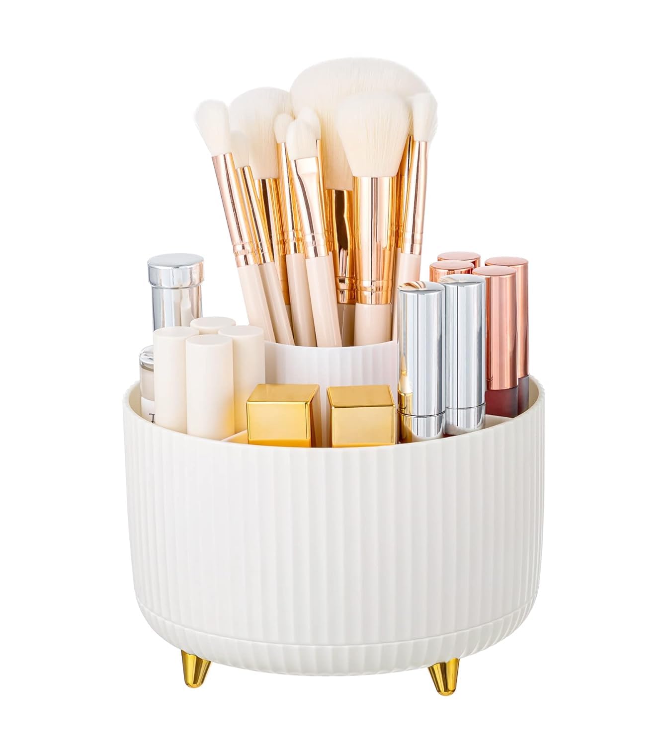 Famyards Makeup Brush Holder, 360° Rotating Makeup Brush Organizer, 5 Slot Large Capacity Cosmetic Brushes Storage Countertop for Vanity, White