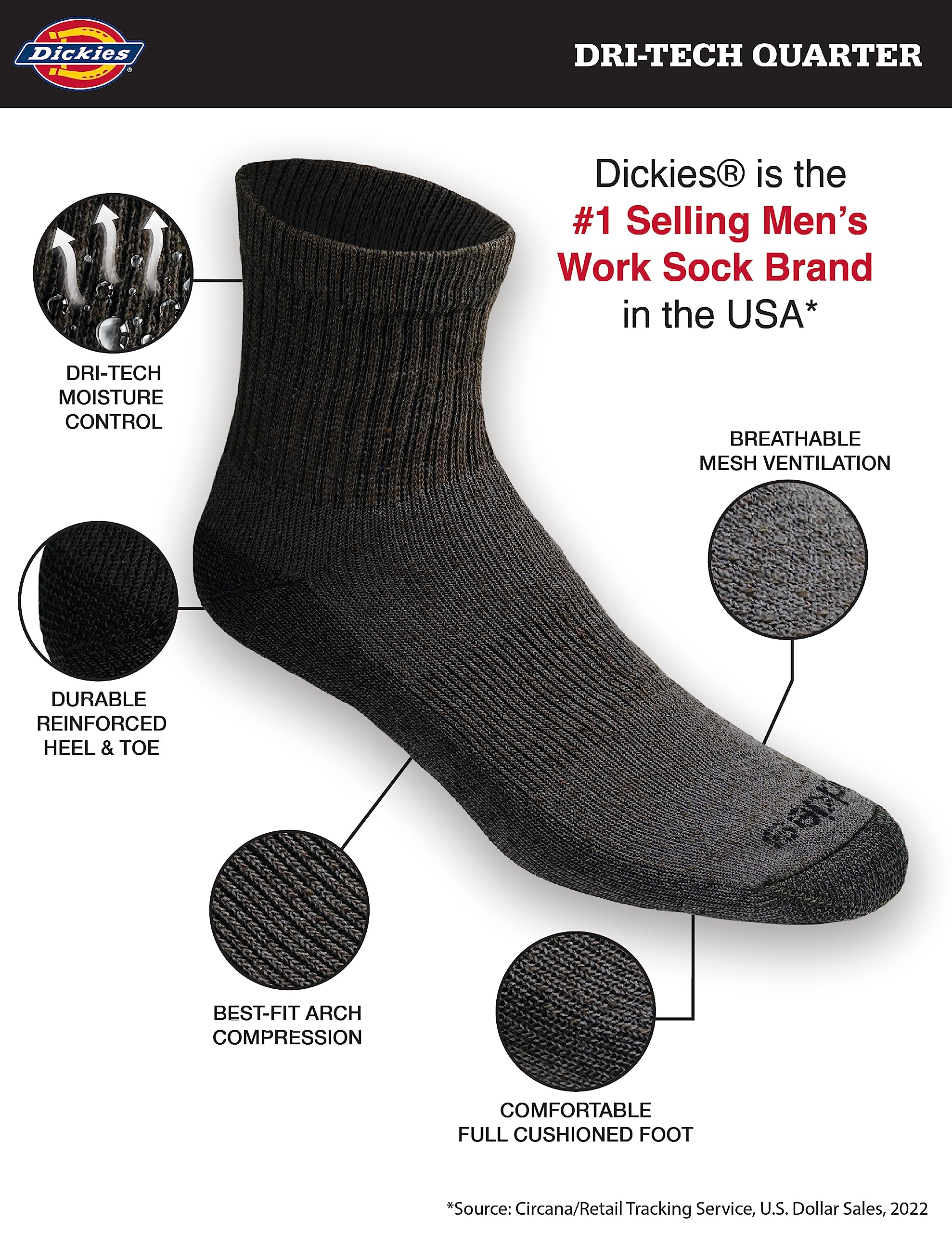 Dickies Men's Dri-Tech Moisture Control Quarter Socks, Available in M-XXL (6, 12, 18, Charcoal (6 Pairs), Large