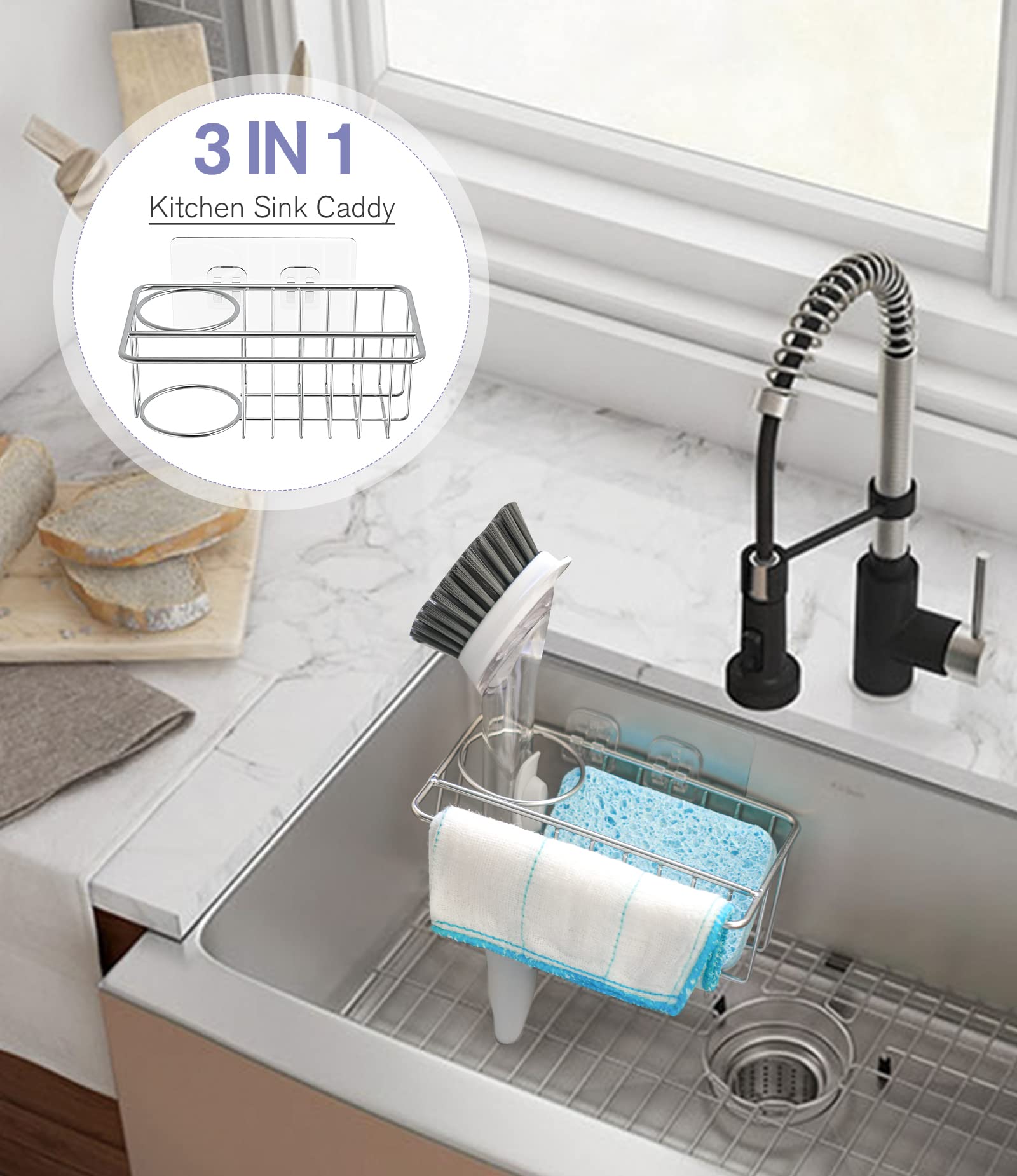 3 in 1 Sink Caddy Sponge Holder, VIS'V 304 Stainless Steel Adhesive Kitchen Sink Basket Sponge Holder Brush Holder Dishcloth Hanger Kitchen Sink Accessories Organizer Rack with 2 Suction Cups - Silver